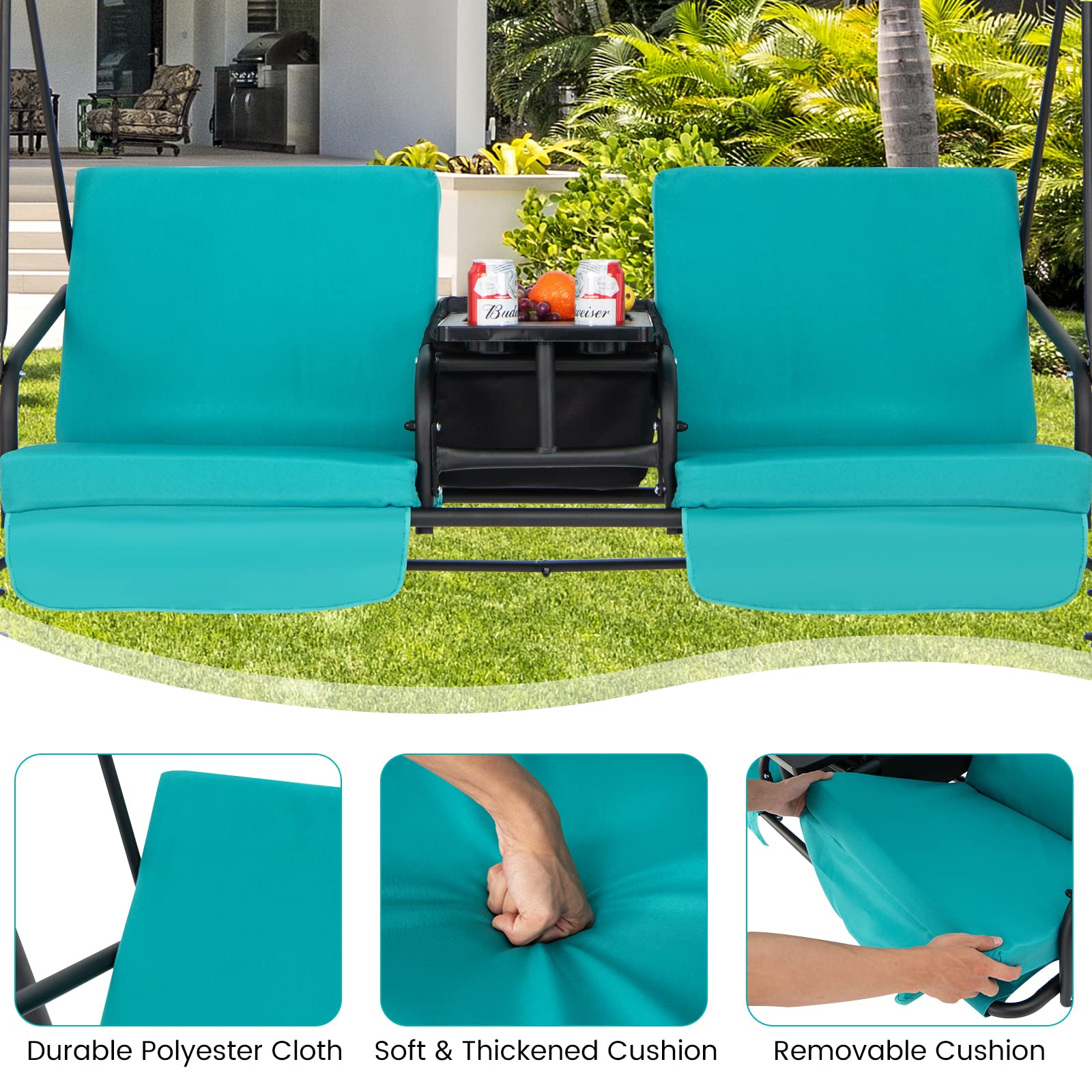 Tangkula 2 Person Porch Swing, Outdoor Swing with Pivot Storage Table, Cooler Bag, 2 Cup Holders, Removable Cushions, Patio Swing with Canopy for Backyard Balcony Poolside (Turquoise)