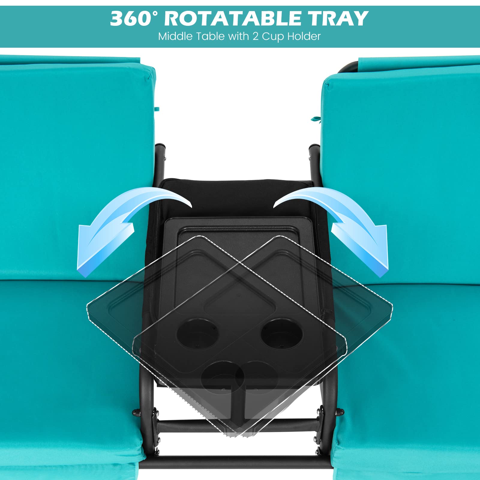 Tangkula 2 Person Porch Swing, Outdoor Swing with Pivot Storage Table, Cooler Bag, 2 Cup Holders, Removable Cushions, Patio Swing with Canopy for Backyard Balcony Poolside (Turquoise)