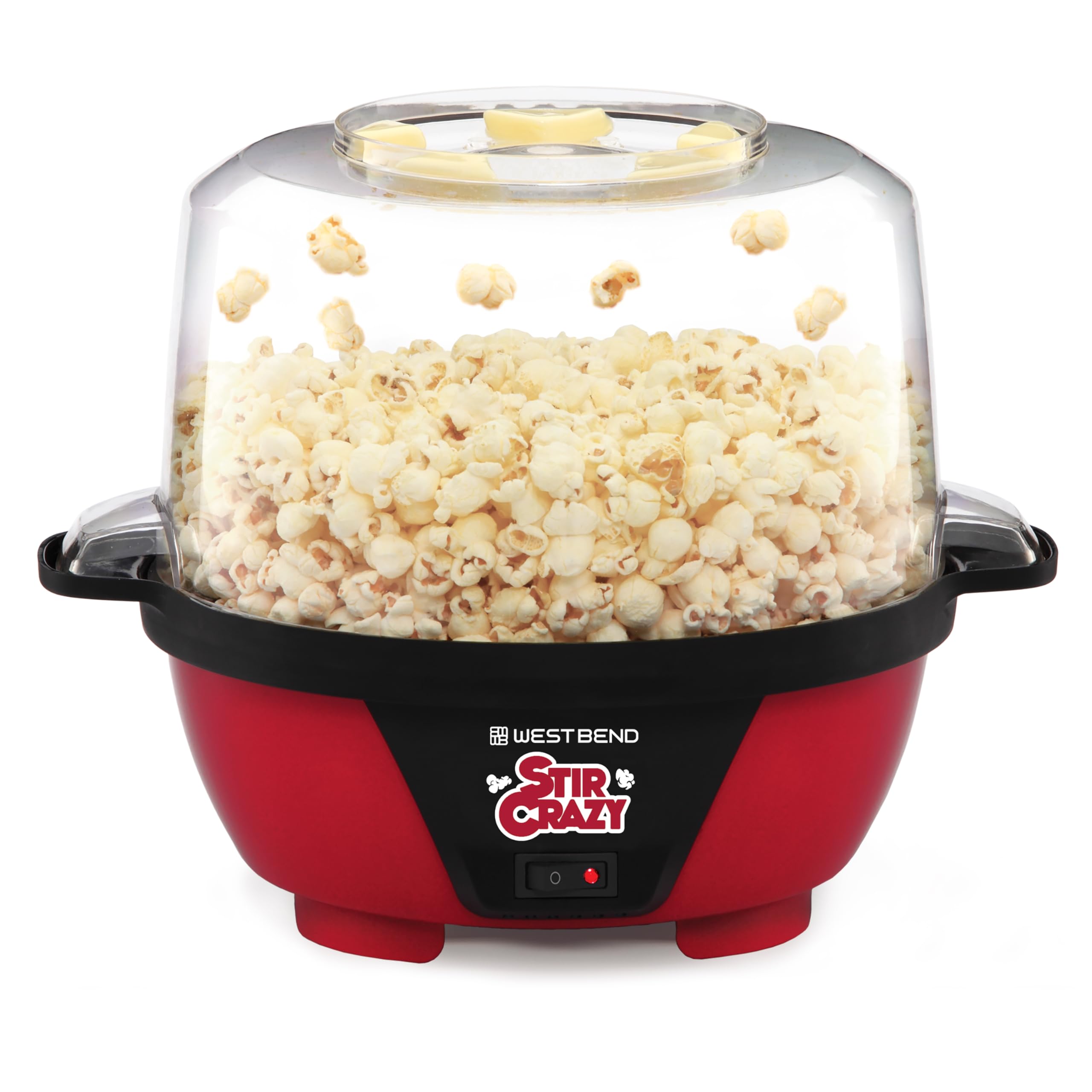 West Bend Stir Crazy Popcorn Machine Electric Hot Oil Popper Includes Large Lid for Serving Bowl and Convenient Nesting Storage, 6-Quart, Red
