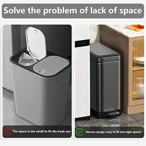 Aupekro Trash Can with Lid Soft Close, 2.6 Gallon Stainless Steel Step Garbage Can, Slim Rectangular Trash Bin with Removable Inner Bucket for Bedroom, Bathroom, Kitchen, Office(Black)