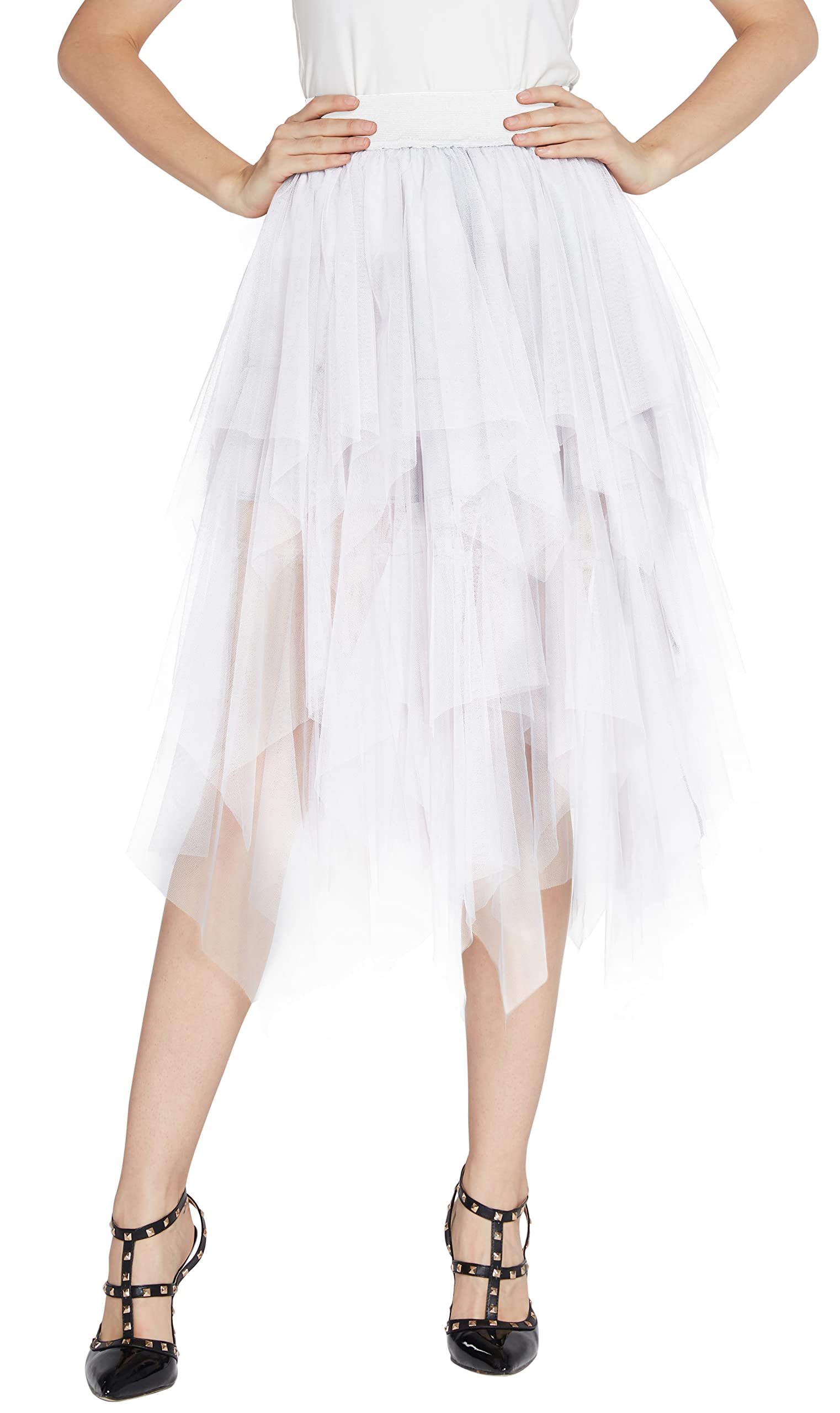 Urban CoCo Women's Sheer Tutu Skirt Tulle Mesh Layered Midi Skirt (M, White-2)