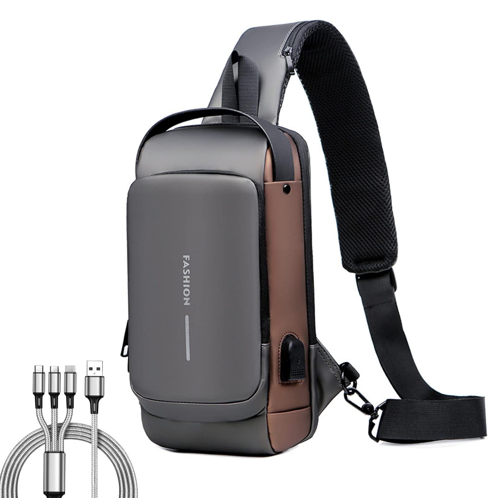 LELEBEAR Anti Theft Sling Bag, Usb Charging Sport Sling Anti-Theft Shoulder Bag, Sling Bag for Men Anti Theft Waterproof (A-Gray Brown)