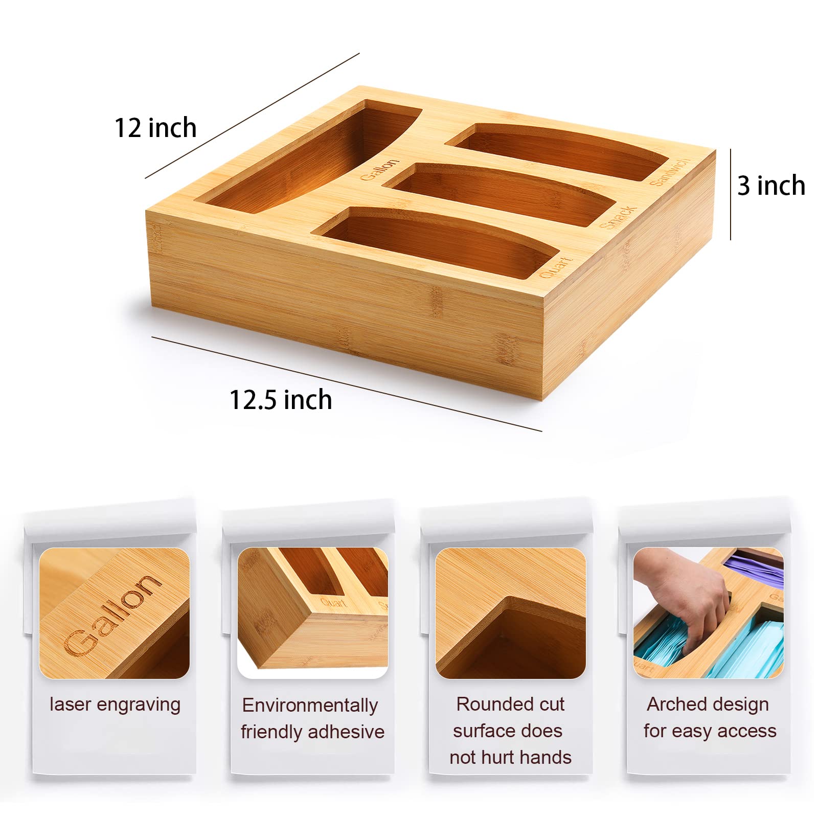 JIAFUEO Ziplock Bag Organizer, Bamboo Ziplock Bag Organizer Dispenser for Kitchen Drawer Retro Durable Closed Sandwich Snack Food Plastic Bag Organizer Holder