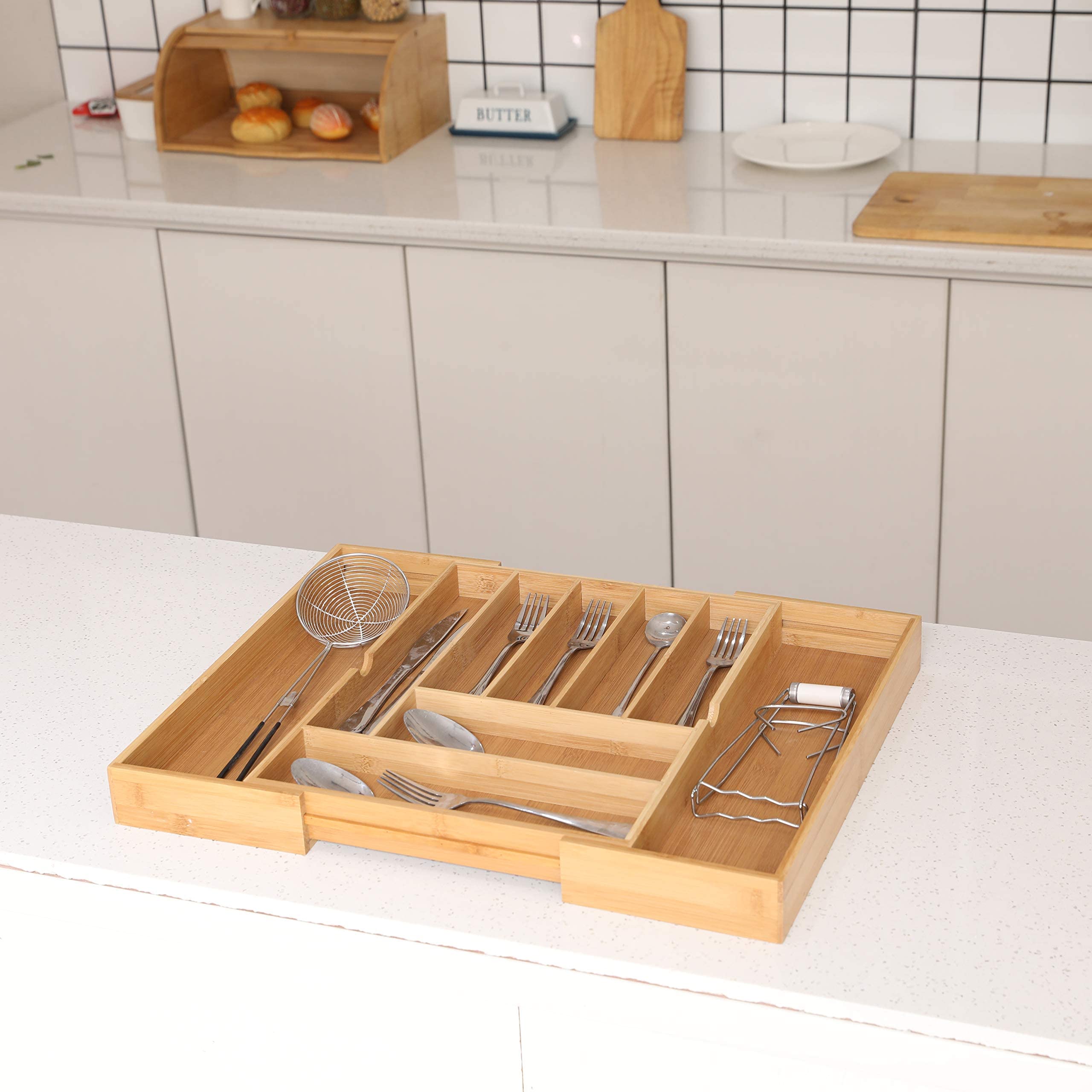PENGKE Bamboo Kitchen Drawer Organizer for Utensils Holder,Expandable Cutlery Tray with Divider,Silverware Flatware Storage and Removable Knife Block,7 - 9 Slot
