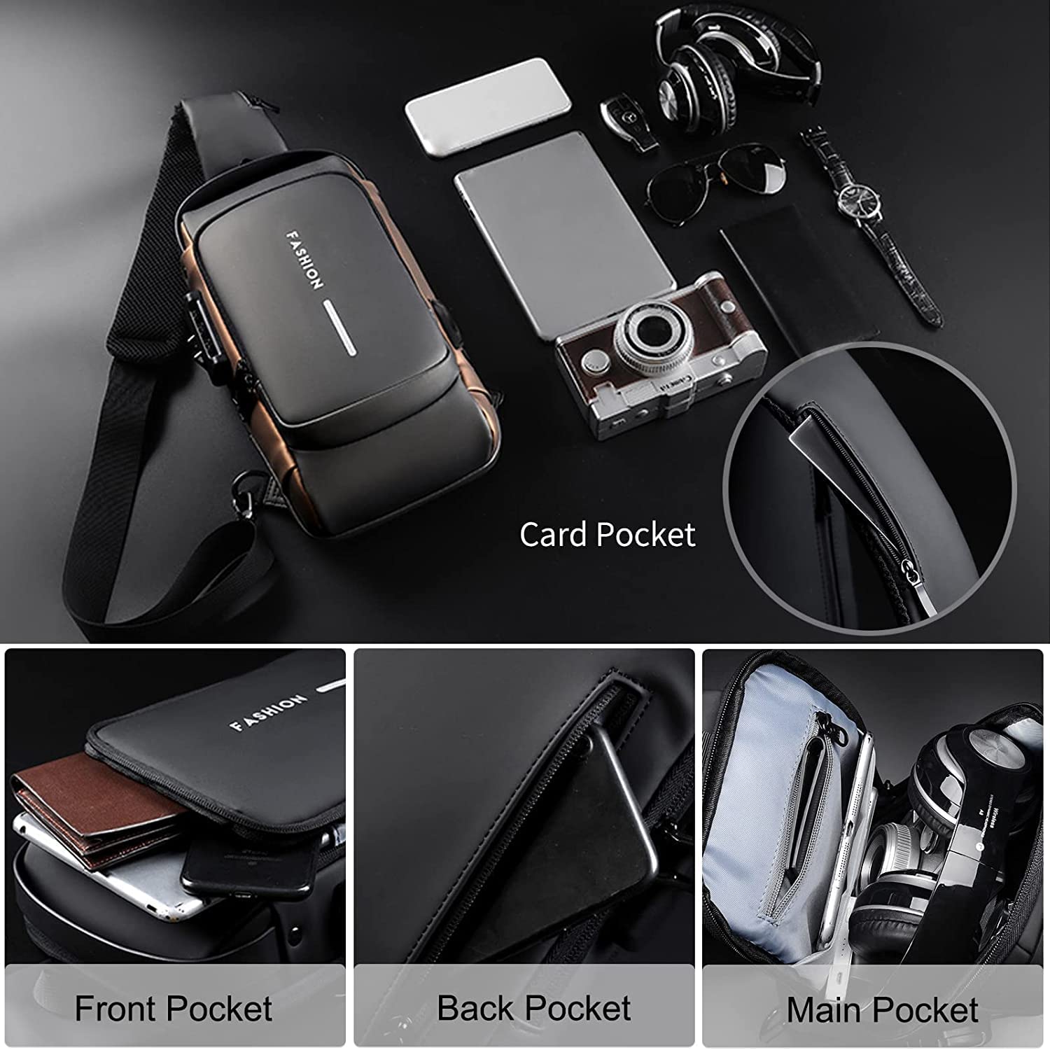 LELEBEAR Anti Theft Sling Bag, Usb Charging Sport Sling Anti-Theft Shoulder Bag, Sling Bag for Men Anti Theft Waterproof (A-Gray Brown)