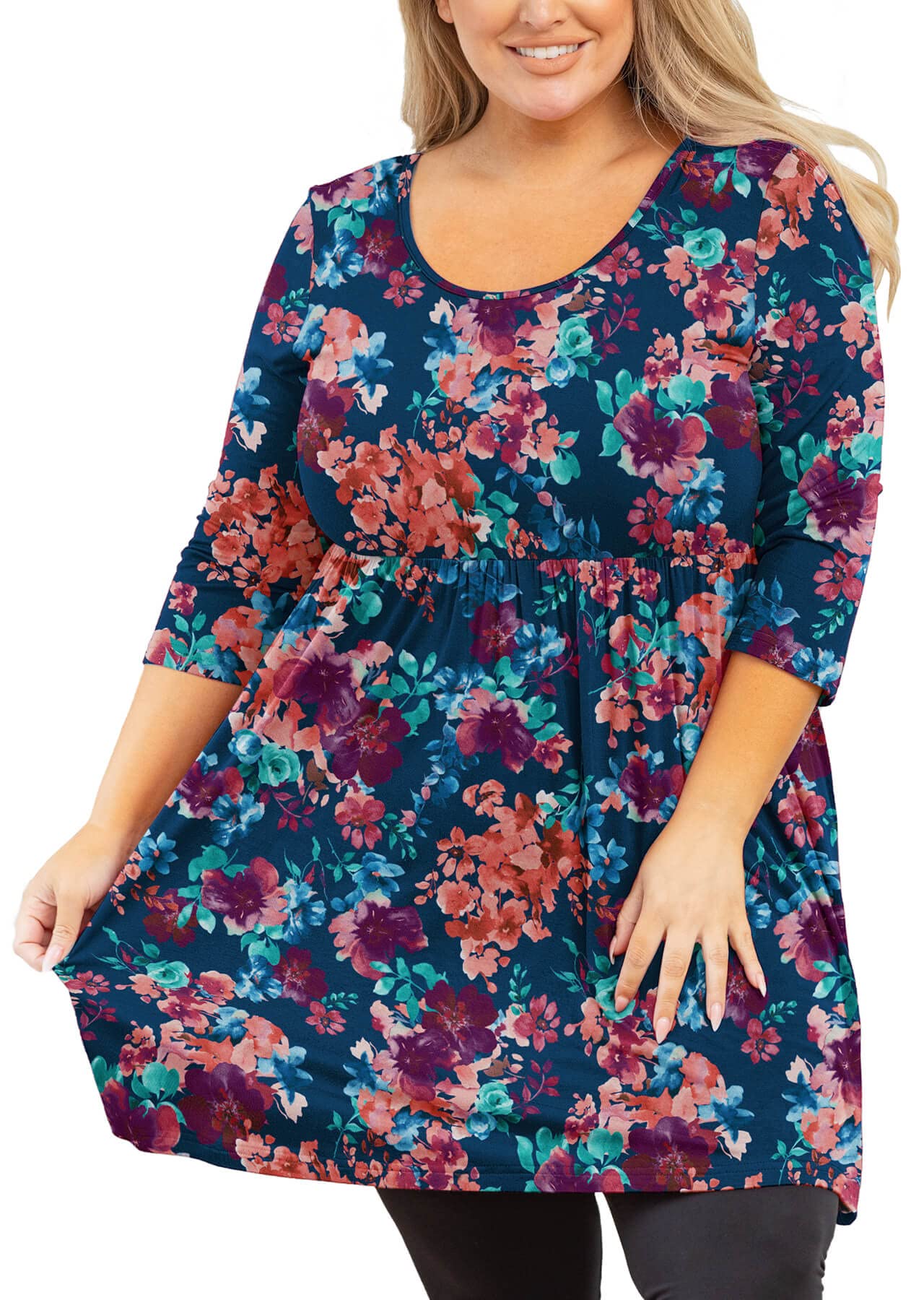 AusLook Plus Size Tunic Tops for Women 3/4 Sleeve Colorful Roses 2X Blouses Crewneck Clothes Pleated Clothing Flowy Babydoll Summer Fall Winter Maternity Shirts