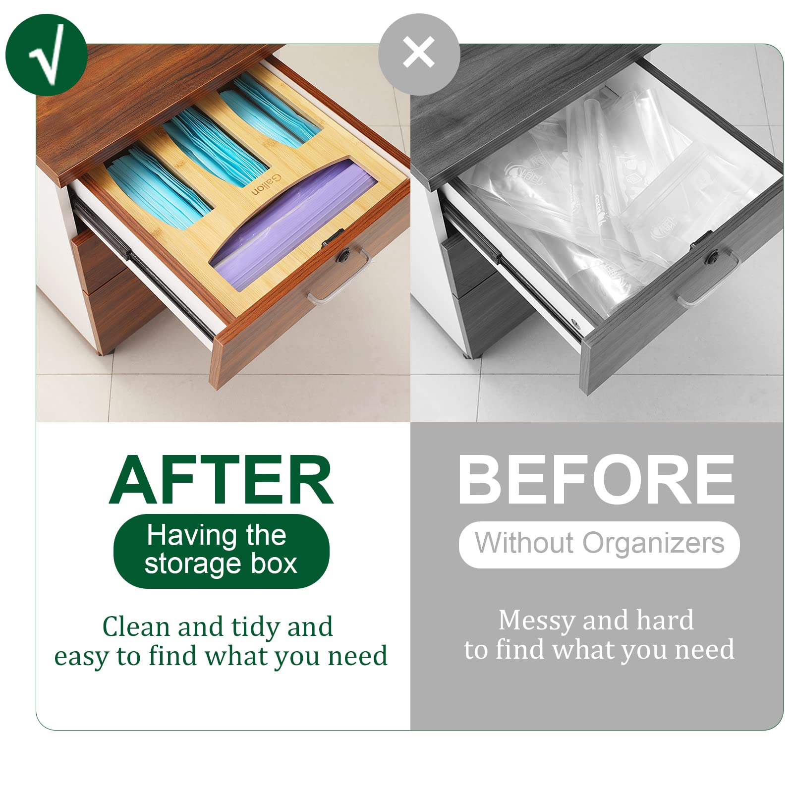 JIAFUEO Ziplock Bag Organizer, Bamboo Ziplock Bag Organizer Dispenser for Kitchen Drawer Retro Durable Closed Sandwich Snack Food Plastic Bag Organizer Holder