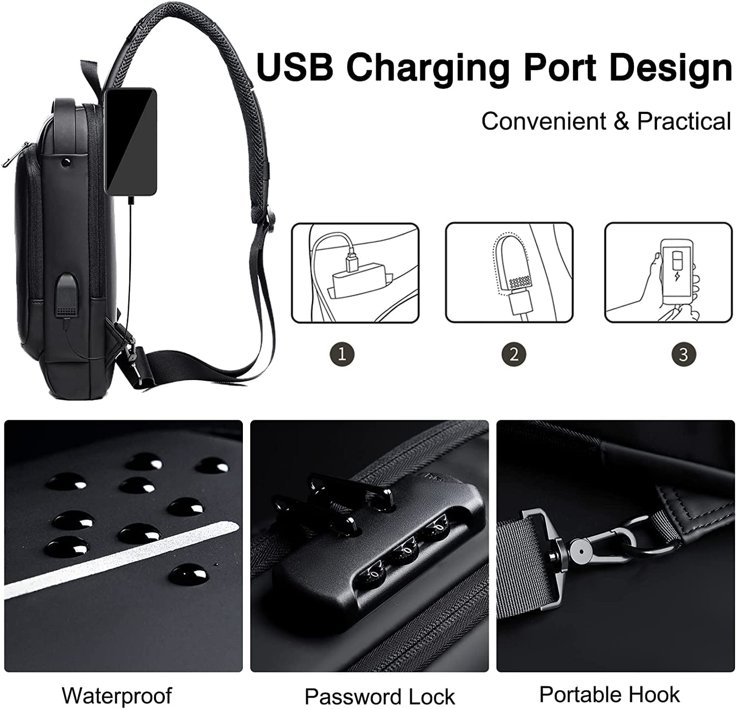 LELEBEAR Anti Theft Sling Bag, Usb Charging Sport Sling Anti-Theft Shoulder Bag, Sling Bag for Men Anti Theft Waterproof (A-Gray Brown)