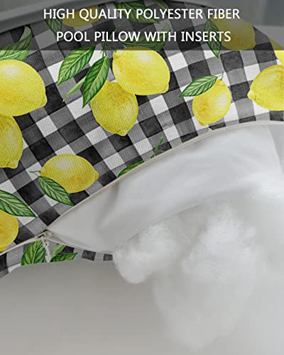 Recliner Head Pillow Ledge Loungers Chair Pillows with Insert Summer Yellow Lemon Black White Buffalo Plaid Lumbar Pillow with Adjustable Strap Outdoor Waterproof Patio Pillows for Beach Pool, 2 PCS