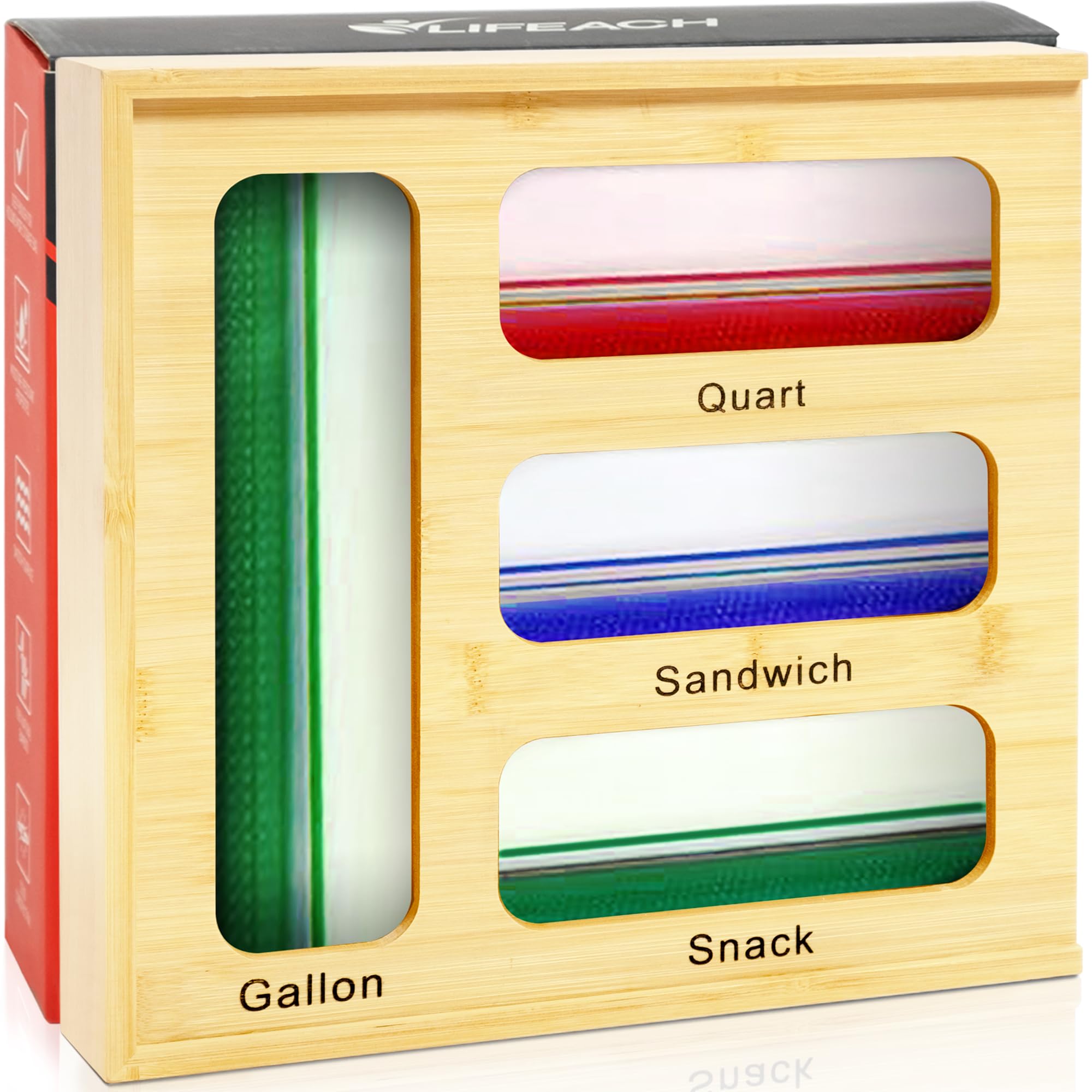 Bamboo ziplock bag storage organizer for kitchen drawer, plastic bag holder, kitchen drawer organizer, drawer oganizer, compatible with veriety of bags as snack, sandwich, gallon,quart size bags