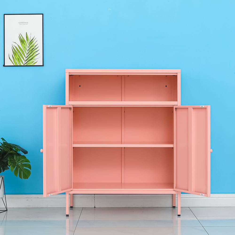 Fumedo 2 Door Metal Storage Accent Cabinet for Bed Room,Living Room,Home,Hotel,Office,Garage,Kitchen,2-Tier,1 Removable Shelf,7.1''H Open Top Space. (Pink)