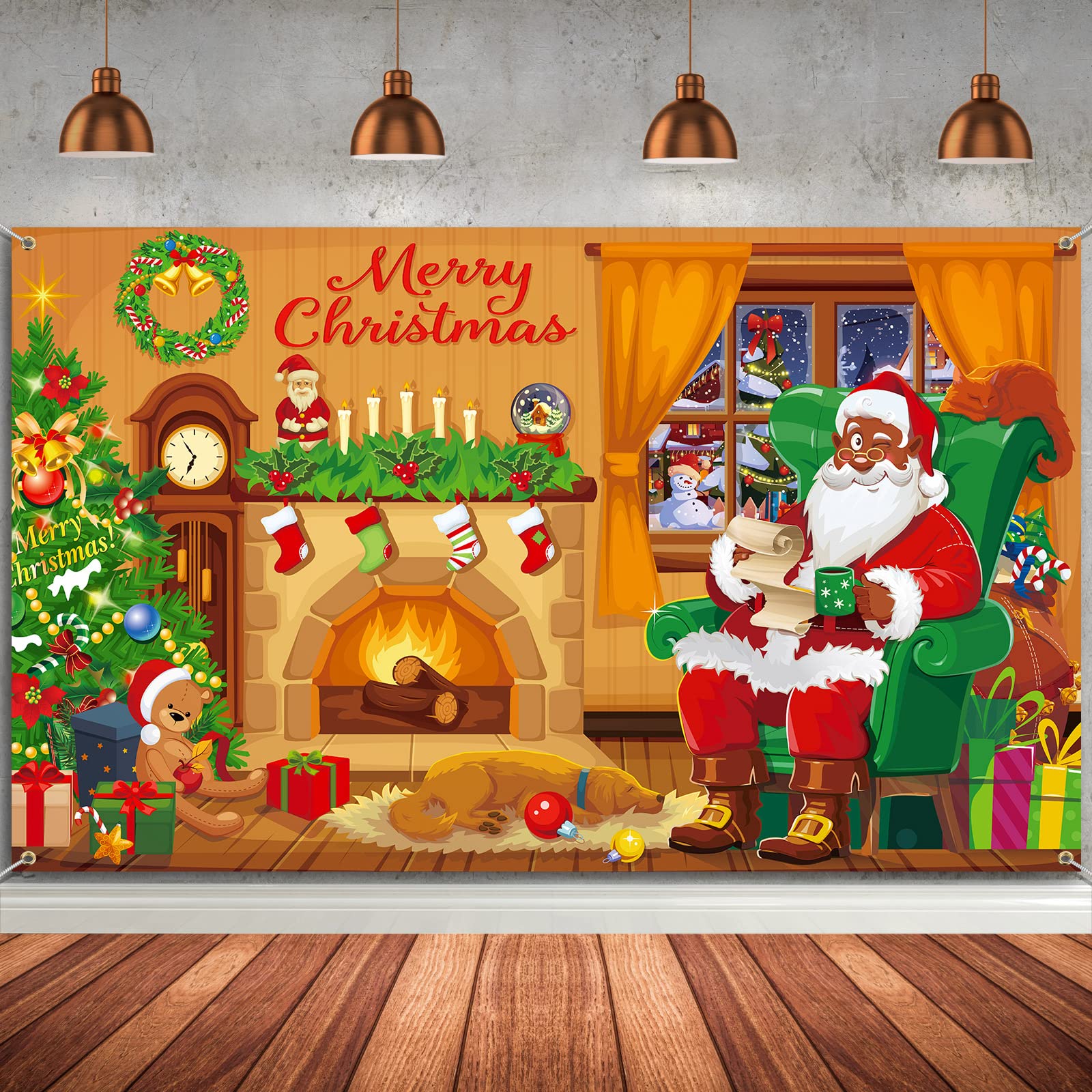 Tiamon Merry Christmas Backdrop Xmas Black Santa Claus Background Decoration for Photography Fireplace Wall Hanging Banner Photo Booth Prop for Winter Home New Year Holiday Party Favor Supplies