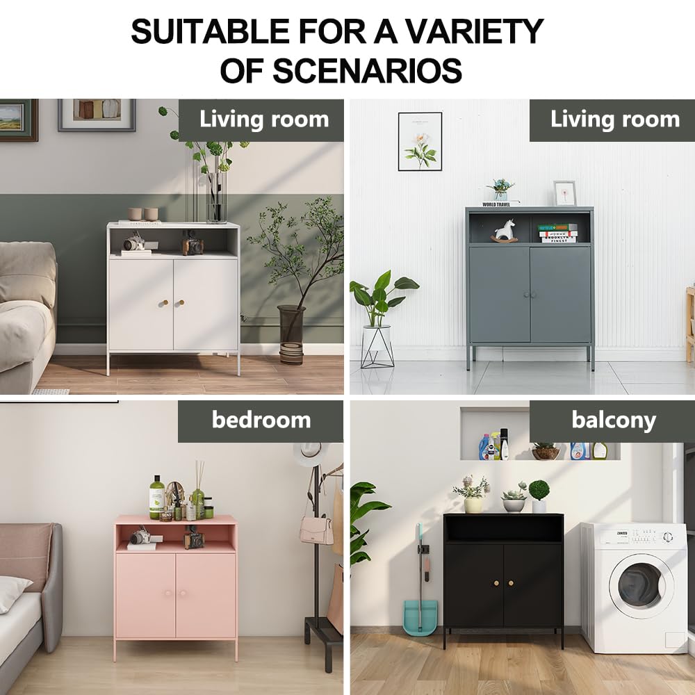 Fumedo 2 Door Metal Storage Accent Cabinet for Bed Room,Living Room,Home,Hotel,Office,Garage,Kitchen,2-Tier,1 Removable Shelf,7.1''H Open Top Space. (Pink)