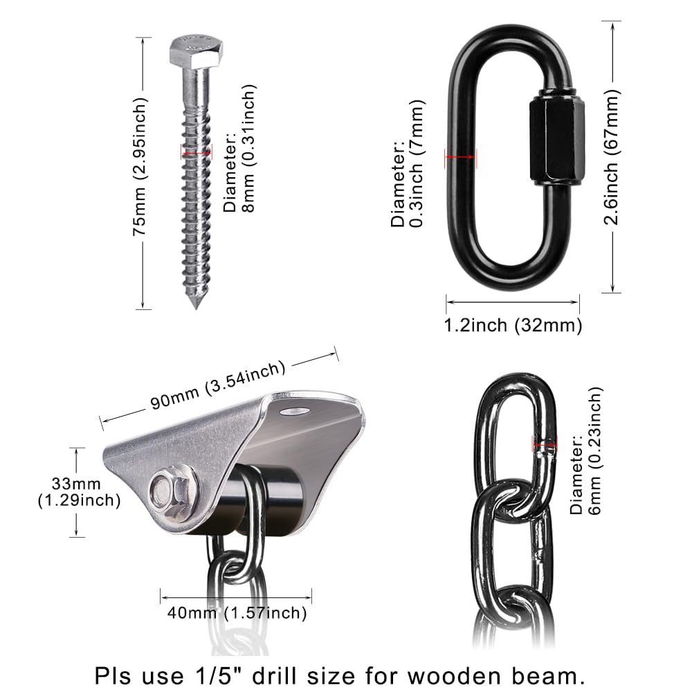 BeneLabel Heavy Duty Porch Swing Chain Kit with Silent Hangers, Hammock Chair Hardware for Indoor/Outdoor Hanging Chairs, Punching Bags and More, Easy Installation, Rustproof, 1000LB Capacity, 81"