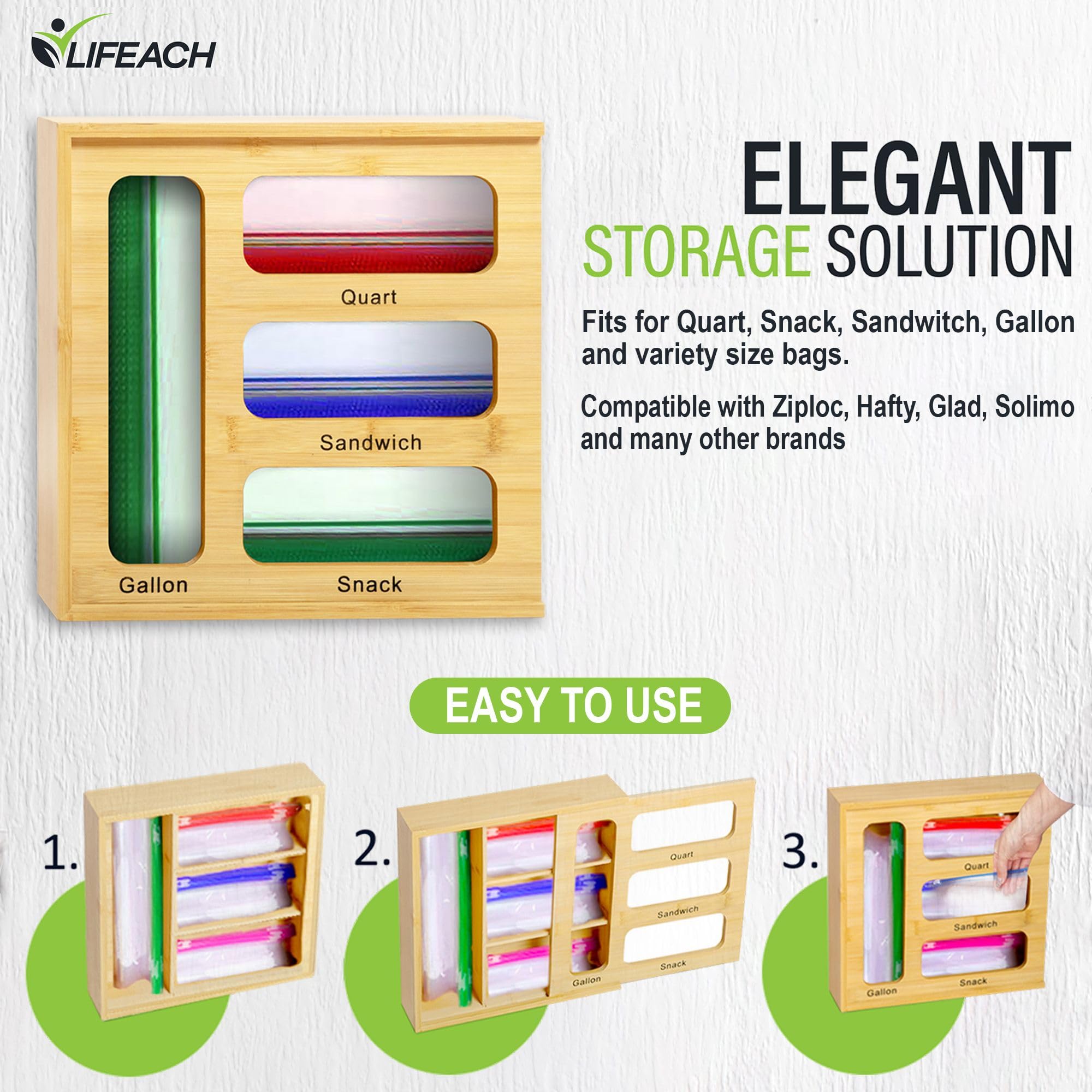 Bamboo ziplock bag storage organizer for kitchen drawer, plastic bag holder, kitchen drawer organizer, drawer oganizer, compatible with veriety of bags as snack, sandwich, gallon,quart size bags