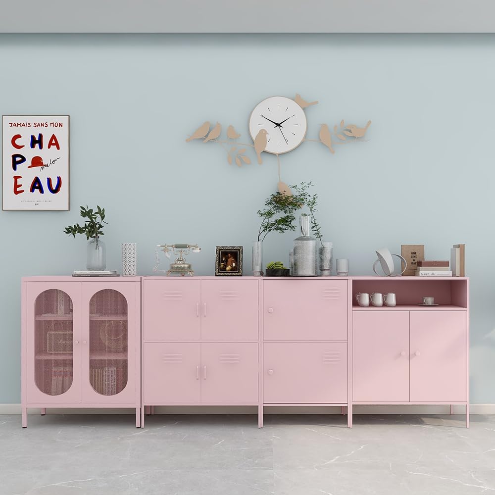 Fumedo 2 Door Metal Storage Accent Cabinet for Bed Room,Living Room,Home,Hotel,Office,Garage,Kitchen,2-Tier,1 Removable Shelf,7.1''H Open Top Space. (Pink)