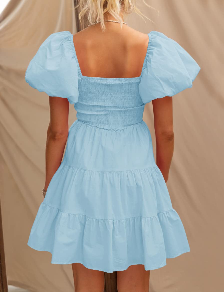 ZESICA Women's Boho 2025 Summer Square Neck Puff Sleeve Off Shoulder Smocked Tiered Casual A Line Short Mini Dress,LightBlue,XX-Large