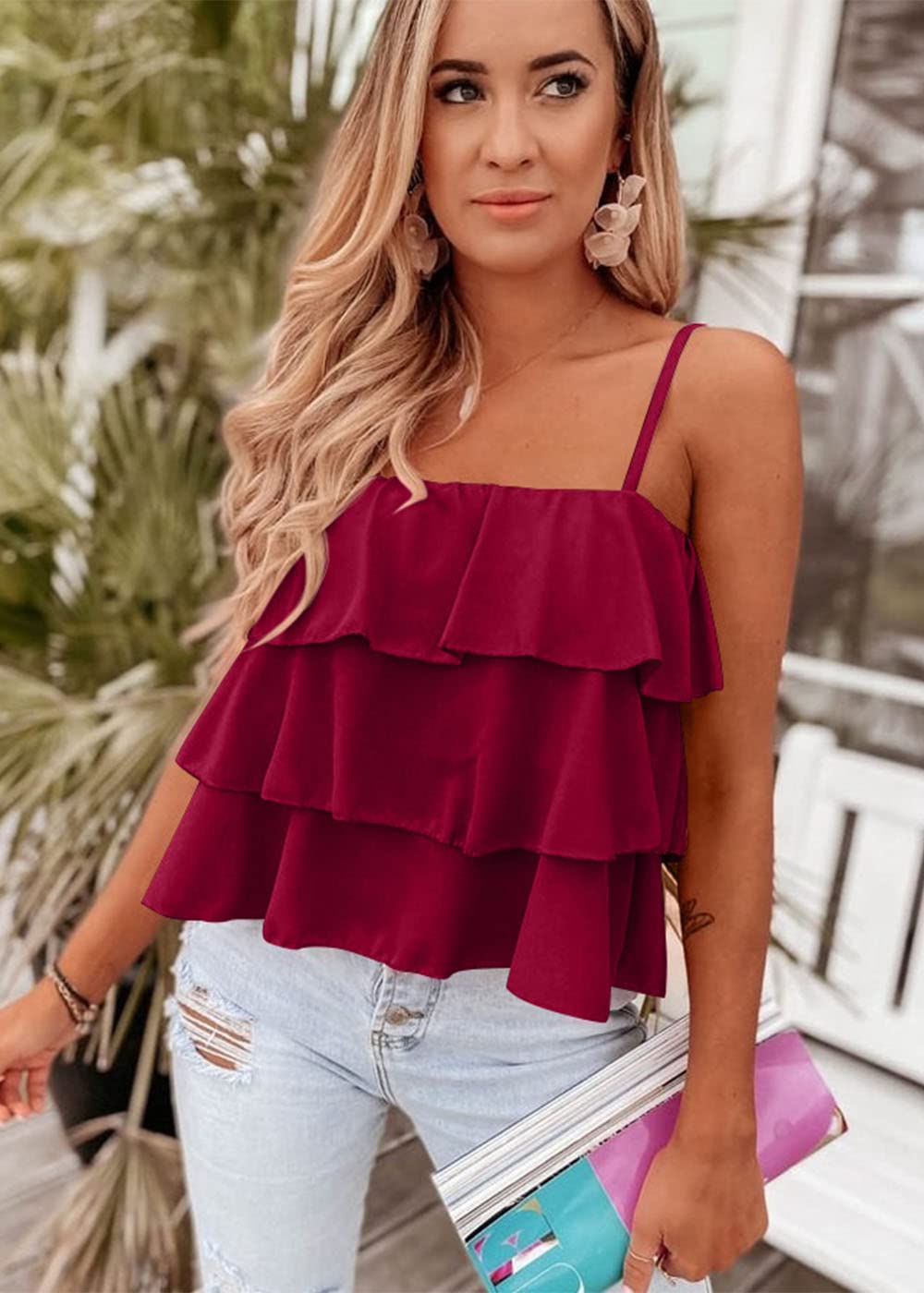 KIRUNDO Women's 2025 Summer Spaghetti Strap Cami Tank Tops Tiered Ruffle Tie Shoulder Flowy Sleeveless Shirts Camisole(Jujube Red, X-Large)