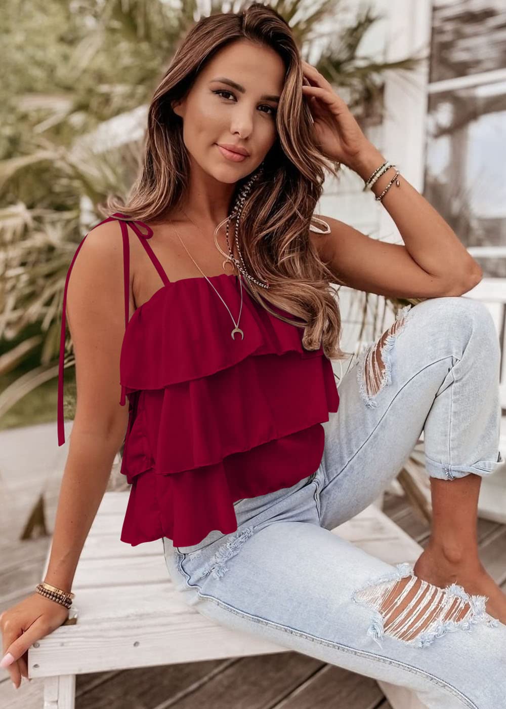 KIRUNDO Women's 2025 Summer Spaghetti Strap Cami Tank Tops Tiered Ruffle Tie Shoulder Flowy Sleeveless Shirts Camisole(Jujube Red, X-Large)