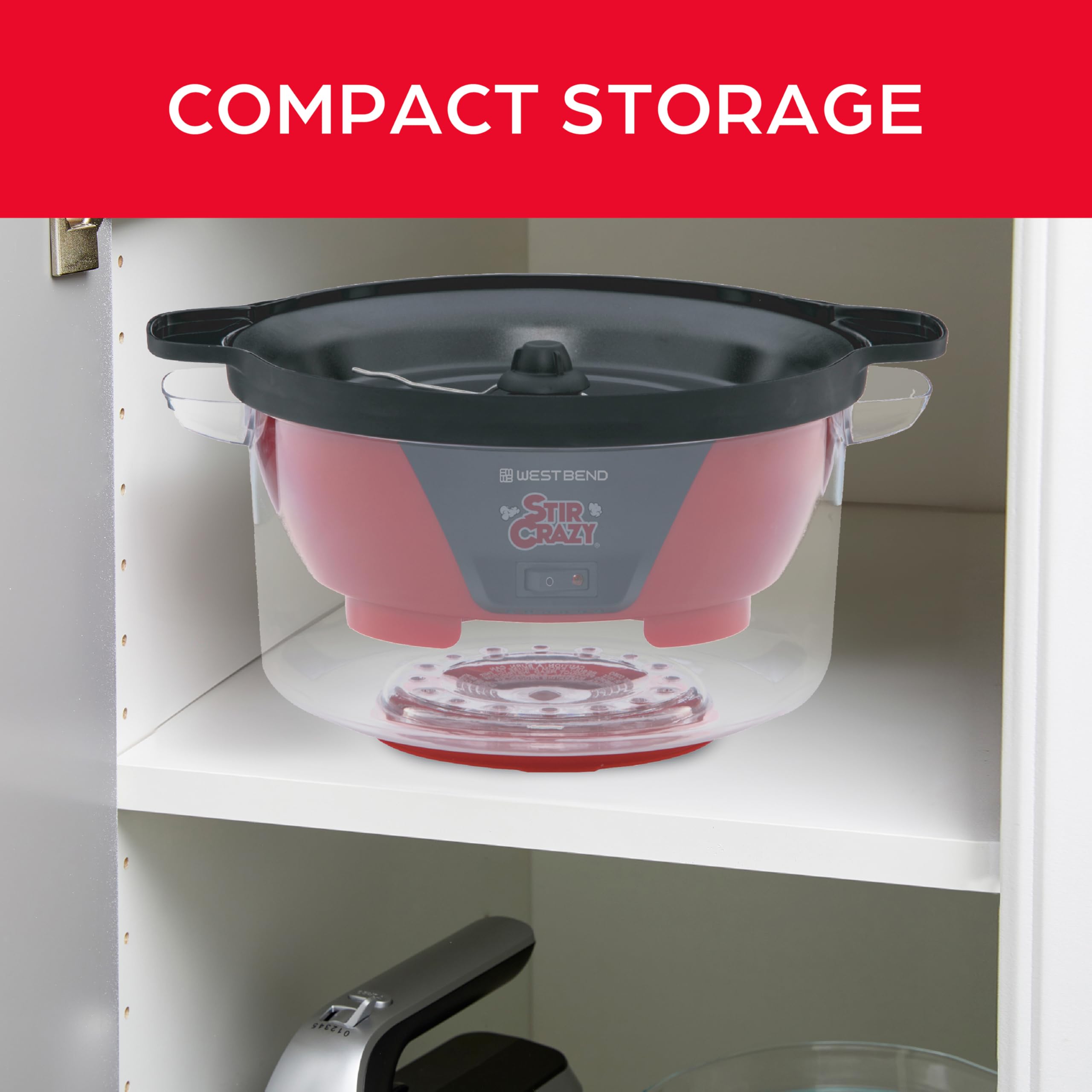 West Bend Stir Crazy Popcorn Machine Electric Hot Oil Popper Includes Large Lid for Serving Bowl and Convenient Nesting Storage, 6-Quart, Red