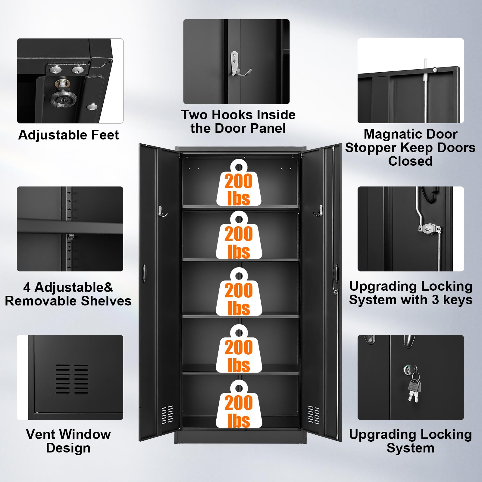 Metal Garage Storage Cabinet, Locking Garage Tool Cabinet, 71"Tall Steel Storage Cabinets with Doors and Adjustable Shelves, Locker Black Metal Tool Cabinets for Garage, Home Office, Assembly Required