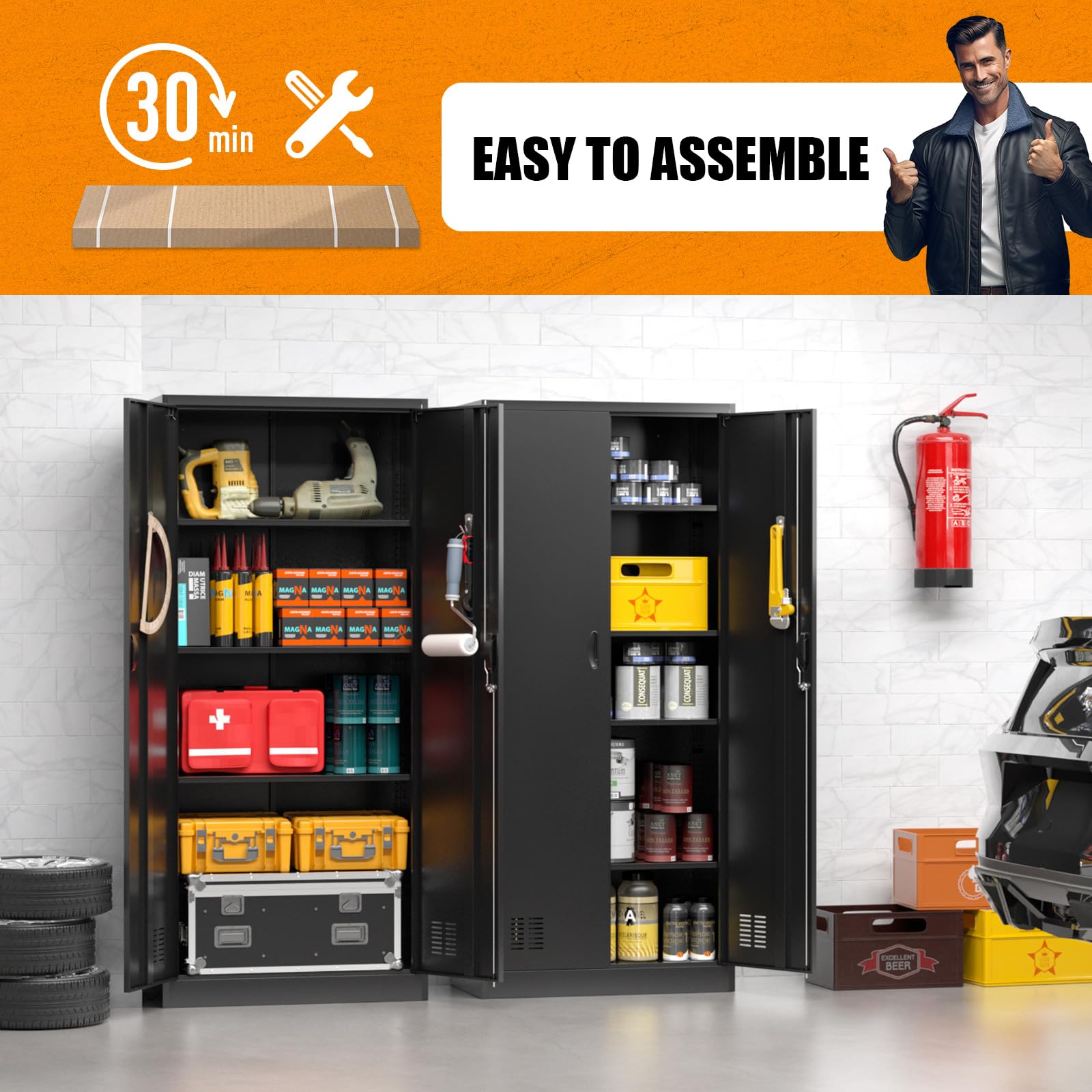 Metal Garage Storage Cabinet, Locking Garage Tool Cabinet, 71"Tall Steel Storage Cabinets with Doors and Adjustable Shelves, Locker Black Metal Tool Cabinets for Garage, Home Office, Assembly Required