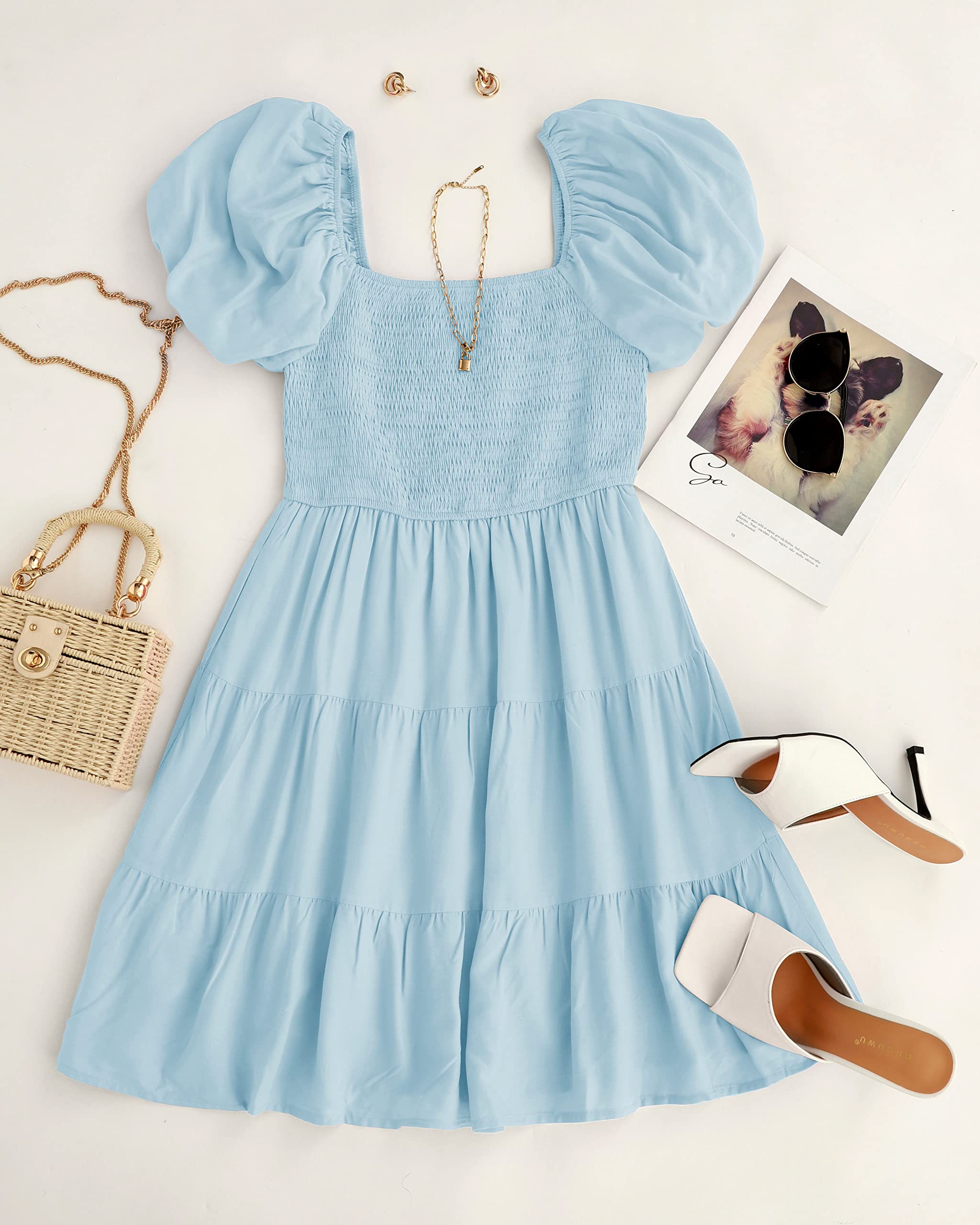 ZESICA Women's Boho 2025 Summer Square Neck Puff Sleeve Off Shoulder Smocked Tiered Casual A Line Short Mini Dress,LightBlue,XX-Large