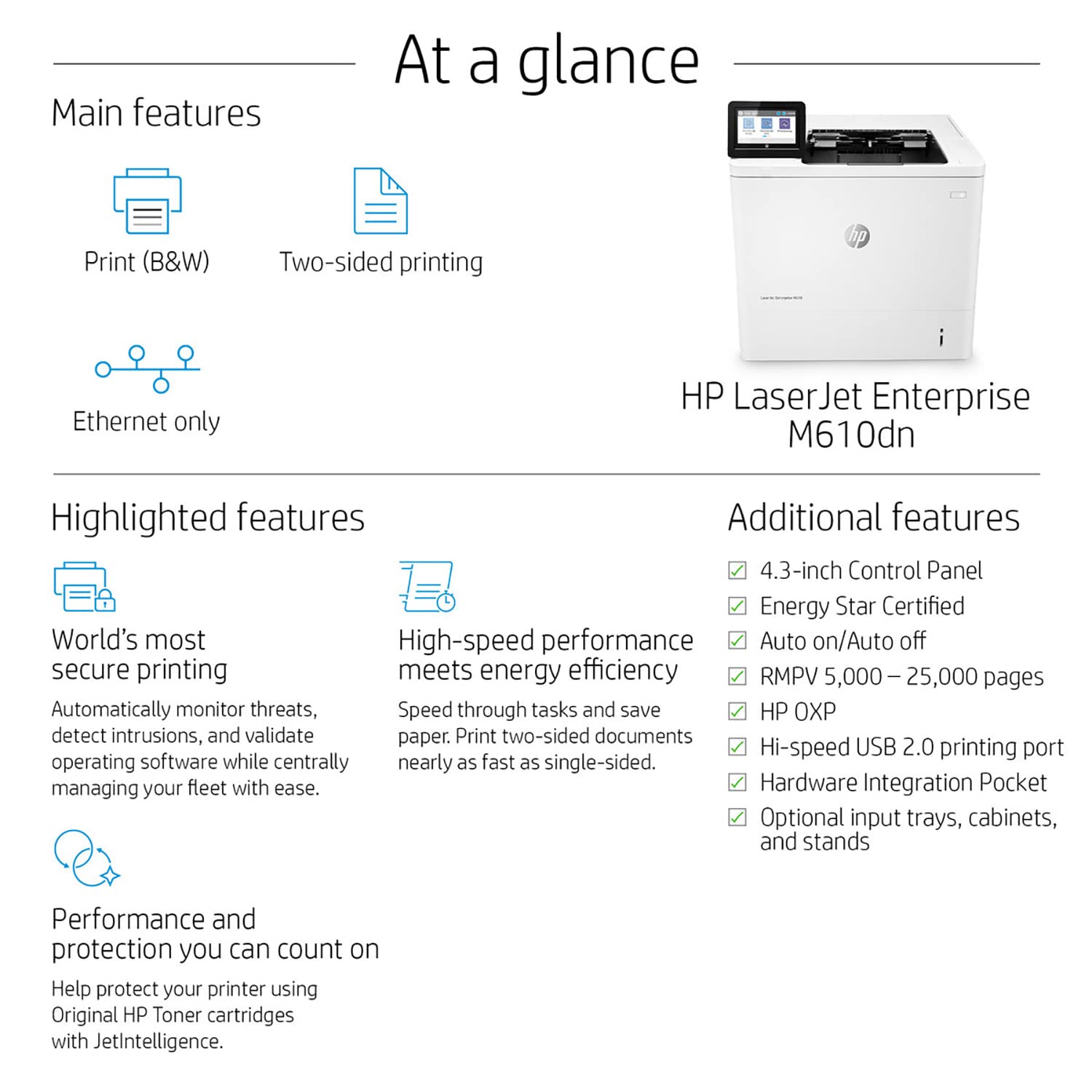 HP Laserjet Enterprise M610dn Single-Function Wired Monochrome Laser Printer, White - Print only - 4.3" Touchscreen, 55 ppm, 1200 x 1200 dpi, Auto Duplex Printing, Ethernet - Cbmou External Webcam