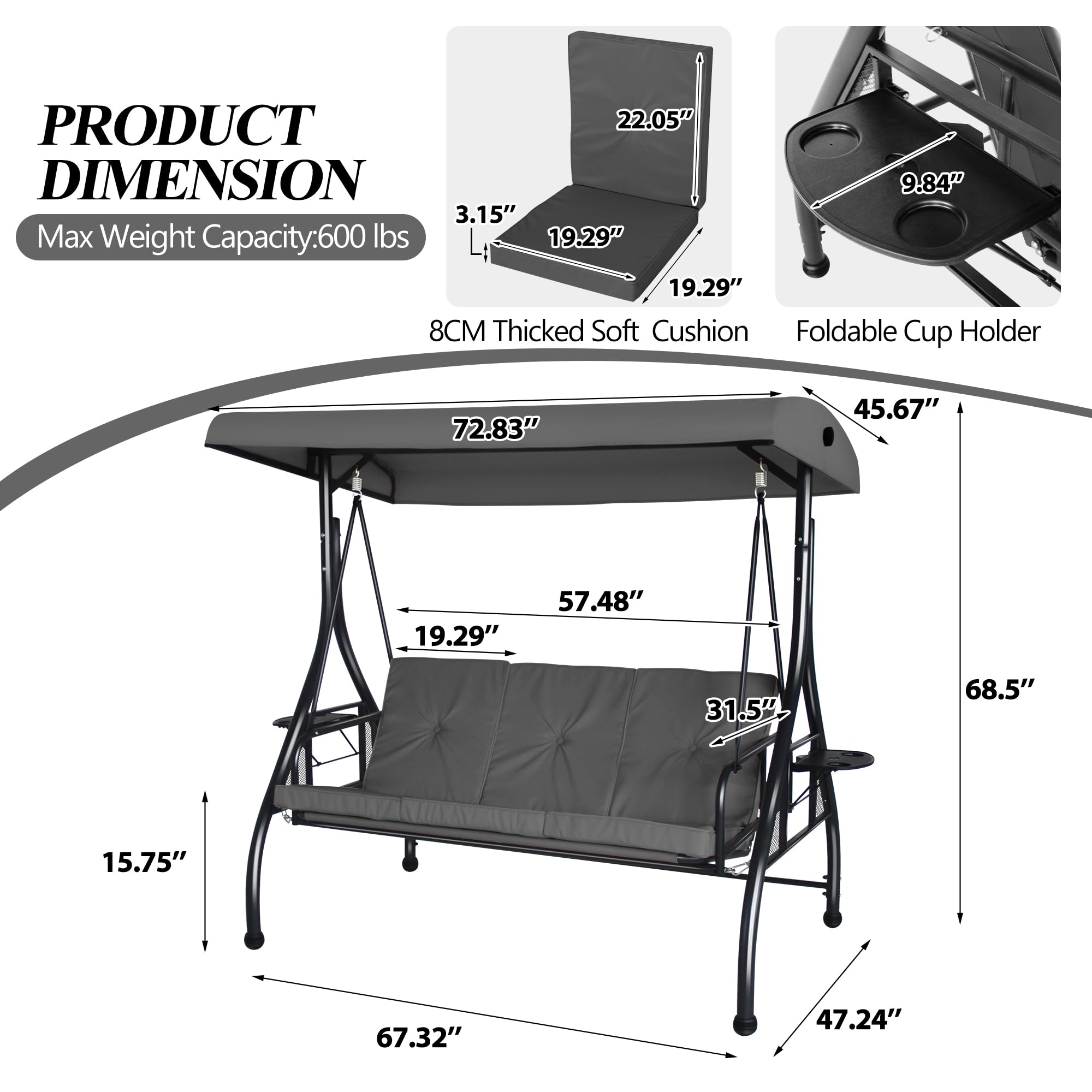 GARTOO 3-Seat Outdoor Large Porch Swing with Converting Canopy, Patio Hammock Lounge Swing Chair for Porch, Backyard, Poolside, Adjustable Shade & Removable Cushions(Gray)