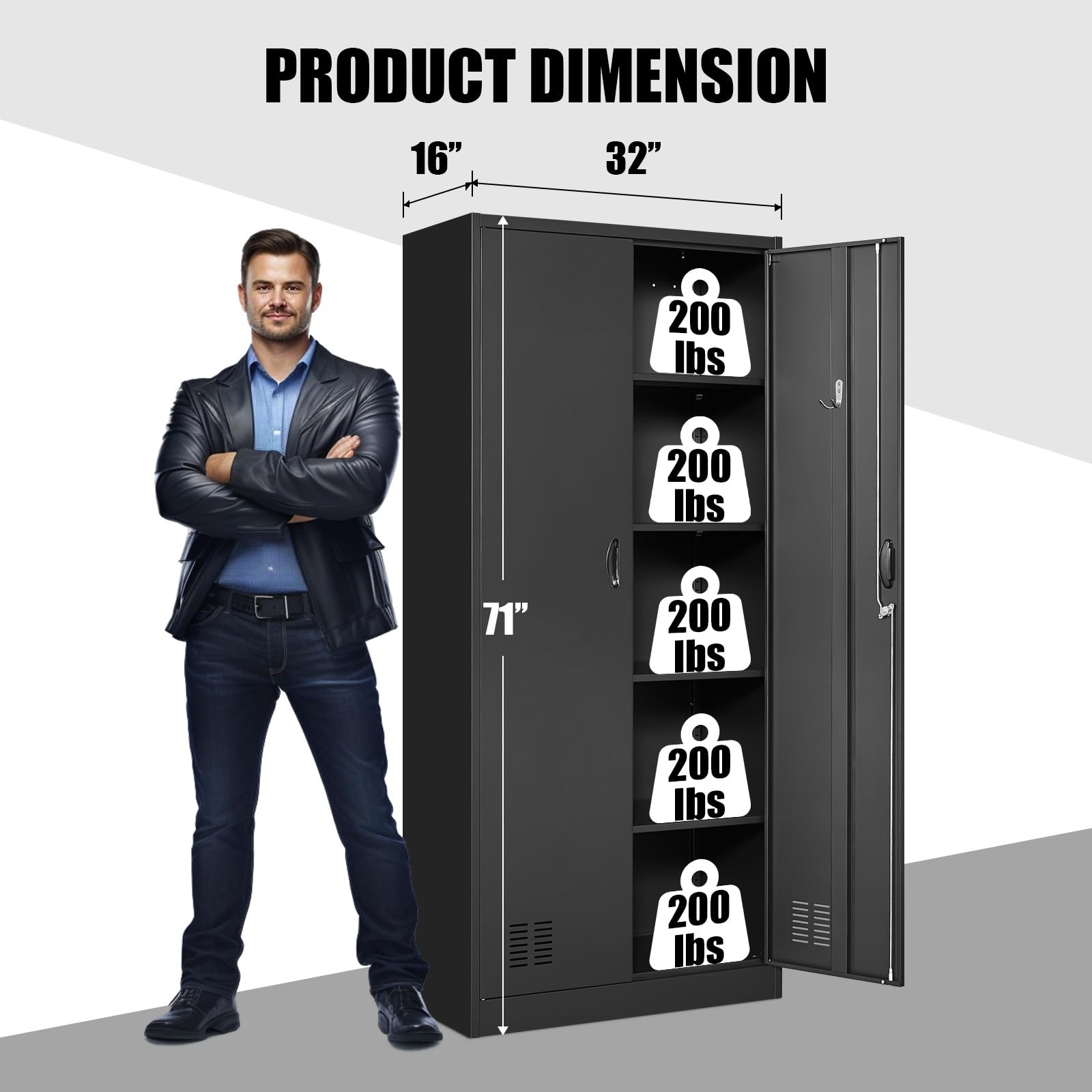 Metal Garage Storage Cabinet, Locking Garage Tool Cabinet, 71"Tall Steel Storage Cabinets with Doors and Adjustable Shelves, Locker Black Metal Tool Cabinets for Garage, Home Office, Assembly Required