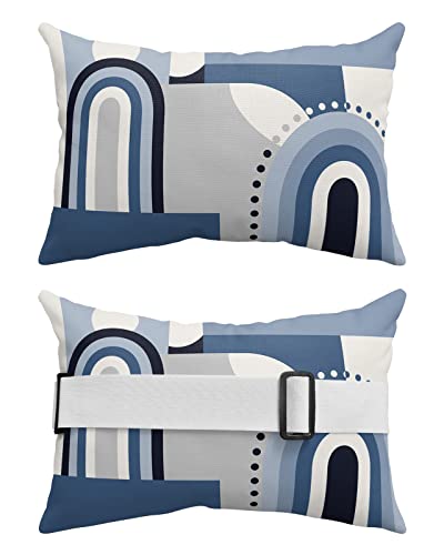 Recliner Head Pillow Ledge Loungers Chair Pillows with Insert Mid-Century Modern Curve Abstract Geometric Blue Gray Lumbar Pillow with Adjustable Strap Patio Garden Cushion for Bench Couch, 2 PCS
