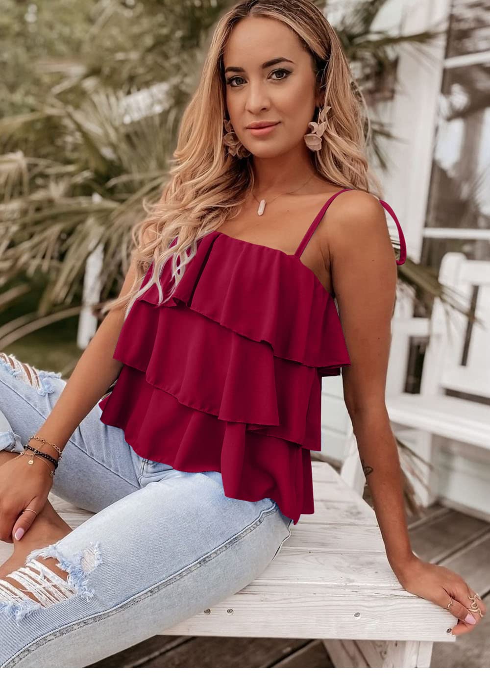 KIRUNDO Women's 2025 Summer Spaghetti Strap Cami Tank Tops Tiered Ruffle Tie Shoulder Flowy Sleeveless Shirts Camisole(Jujube Red, X-Large)