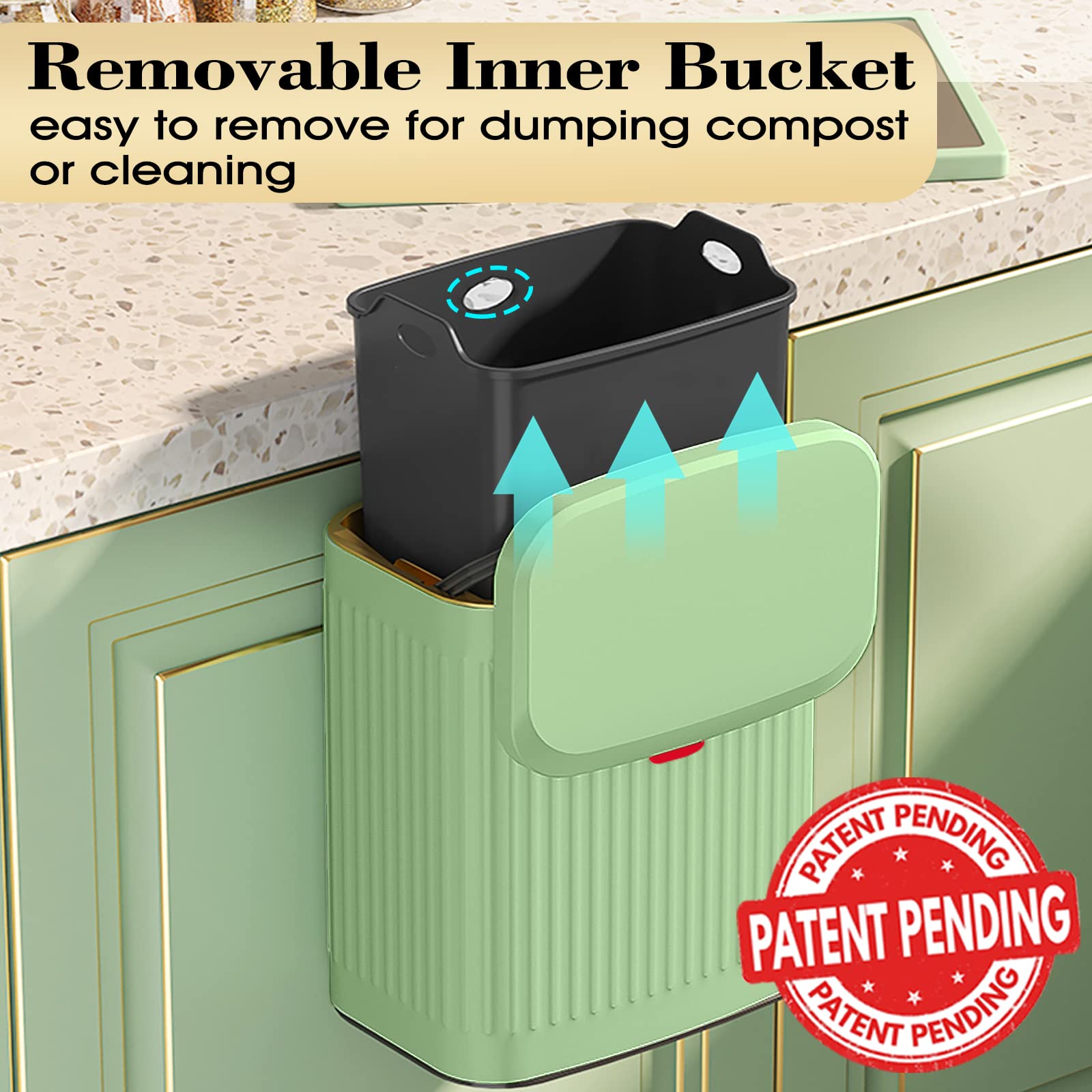 GloDeals Kitchen Trash Can with Lid, 2 in 1 Small Garbage Can Compost Bin Countertop, Wall-Mounted Under Sink Indoor Trash Bin for Kitchen, Bathroom, Cabinet Trash Can Hanging (Vintage Green/2.1Gal)