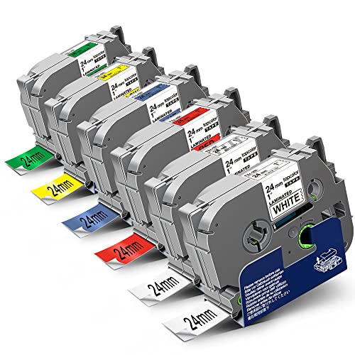 Topcolor 6-Pack Tz 24mm 0.94" Label Tape Laminated Compatible for Brother TZe-151 TZe-251 TZe-451 TZe-551 TZe-651 TZe-751 PTouch Tze 1 inch Tape for PTD610BT PTD600 PTP710BT PTP750W PTP910BT PTP700