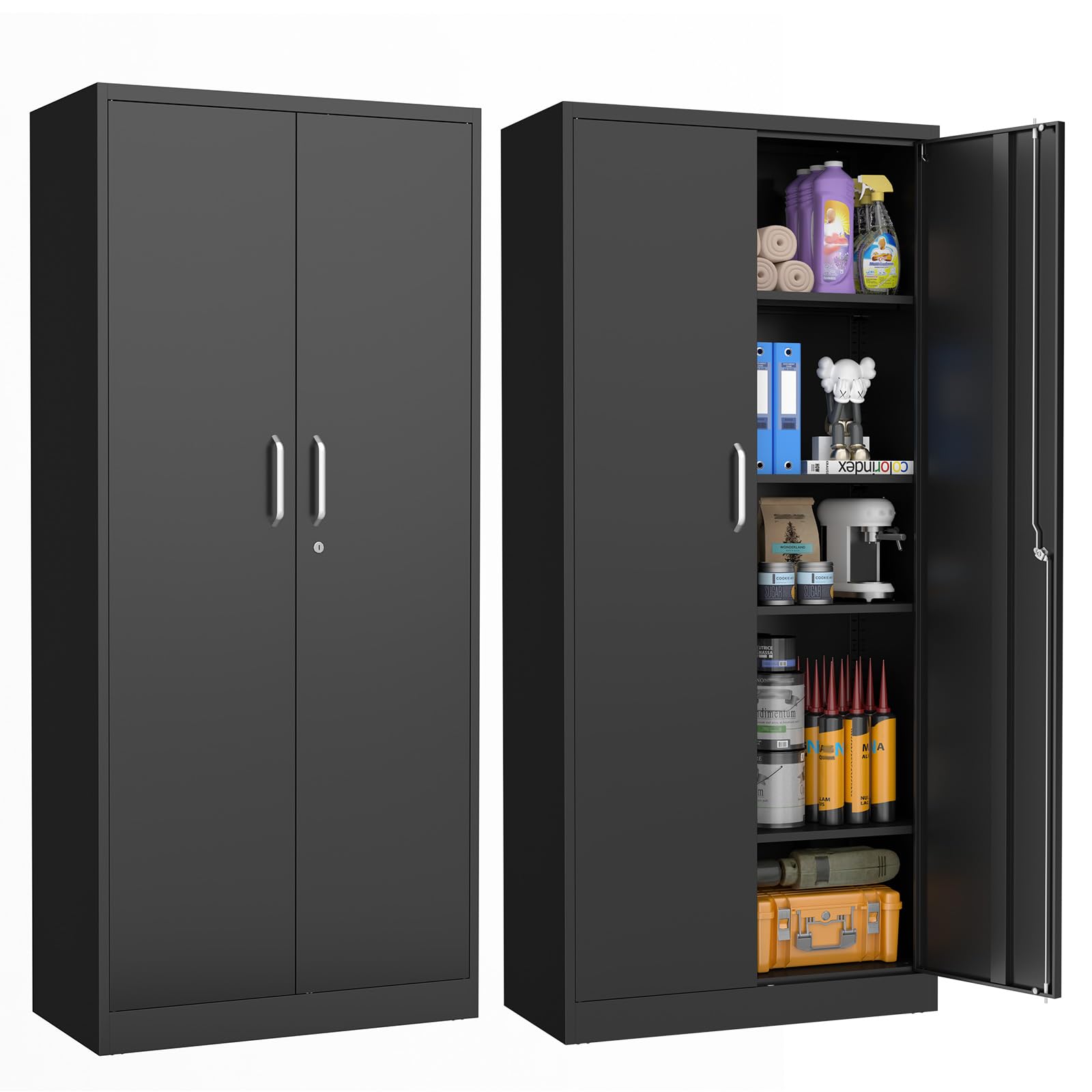 Metal Garage Storage Cabinet, Locking Garage Tool Cabinet, 71"Tall Steel Storage Cabinets with Doors and Adjustable Shelves, Locker Black Metal Tool Cabinets for Garage, Home Office, Assembly Required