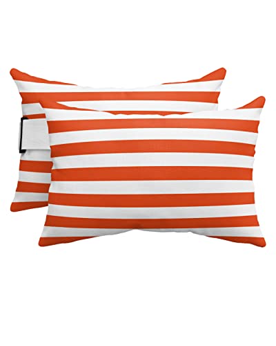 Recliner Head Pillow Ledge Loungers Chair Pillows with Insert Orange and White Stripes Lumbar Pillow with Adjustable Strap Outdoor Waterproof Patio Pillows for Couch Beach Pool Office Chair, 2 PCS