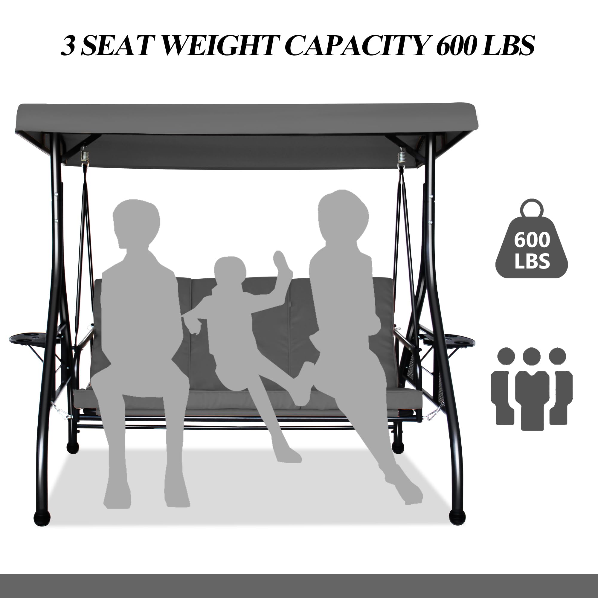 GARTOO 3-Seat Outdoor Large Porch Swing with Converting Canopy, Patio Hammock Lounge Swing Chair for Porch, Backyard, Poolside, Adjustable Shade & Removable Cushions(Gray)