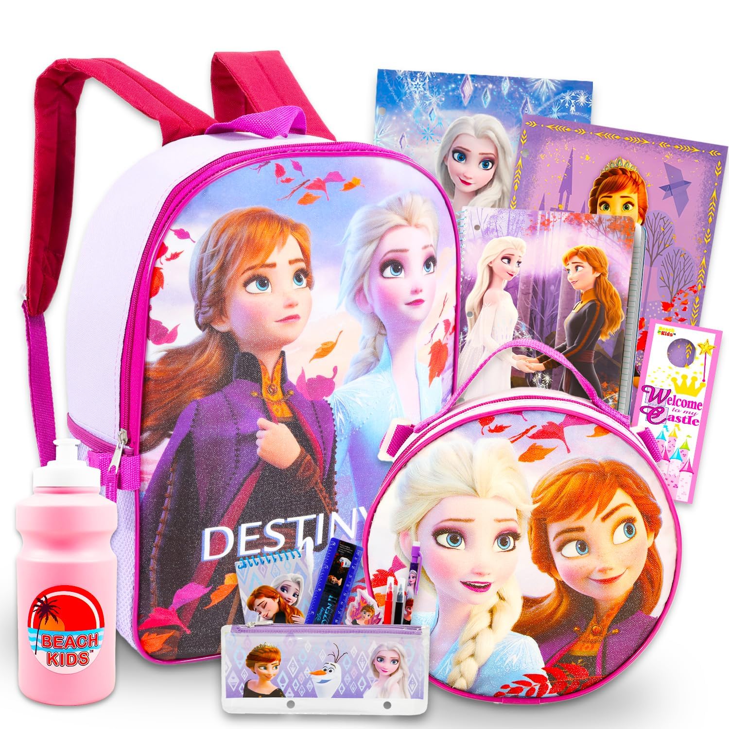 Disney Frozen Backpack and Lunch Bag School Supplies Set - Bundle with Frozen Backpack, Lunch Box, Water Bottle, Frozen Notebook, Stationery, More | Frozen School Supplies for Girls