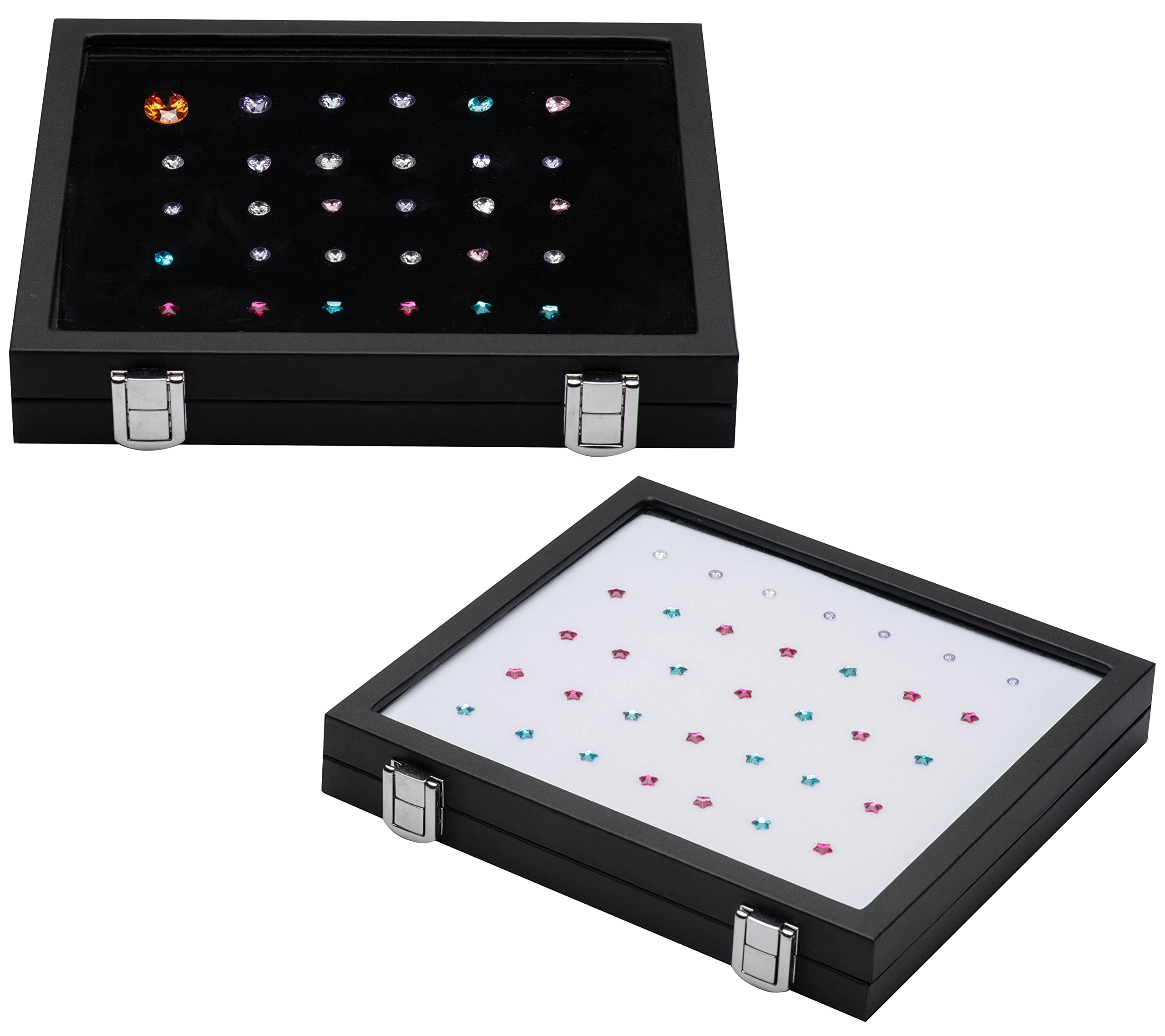 Giftop Jewelry Display Case Tempered Glass Top Lid Black Leatherette,Gemstone Display Case Jewelry Storage Box with Metal Clasp (Large)