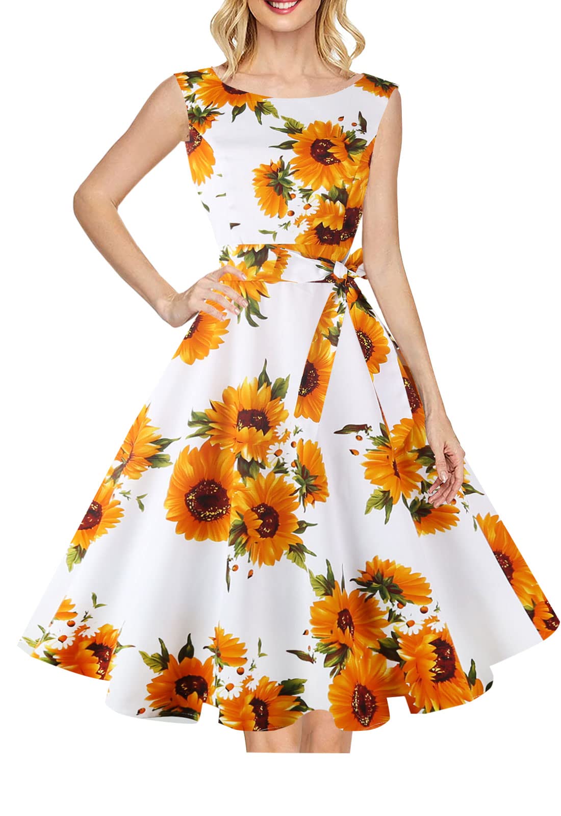 Hanpceirs Women's Boatneck Sleeveless Swing Vintage 1950s Cocktail Dress White Sunflower M New