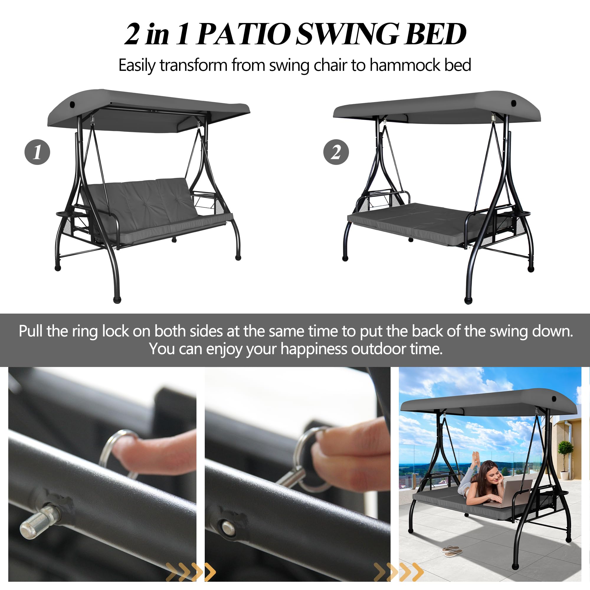 GARTOO 3-Seat Outdoor Large Porch Swing with Converting Canopy, Patio Hammock Lounge Swing Chair for Porch, Backyard, Poolside, Adjustable Shade & Removable Cushions(Gray)