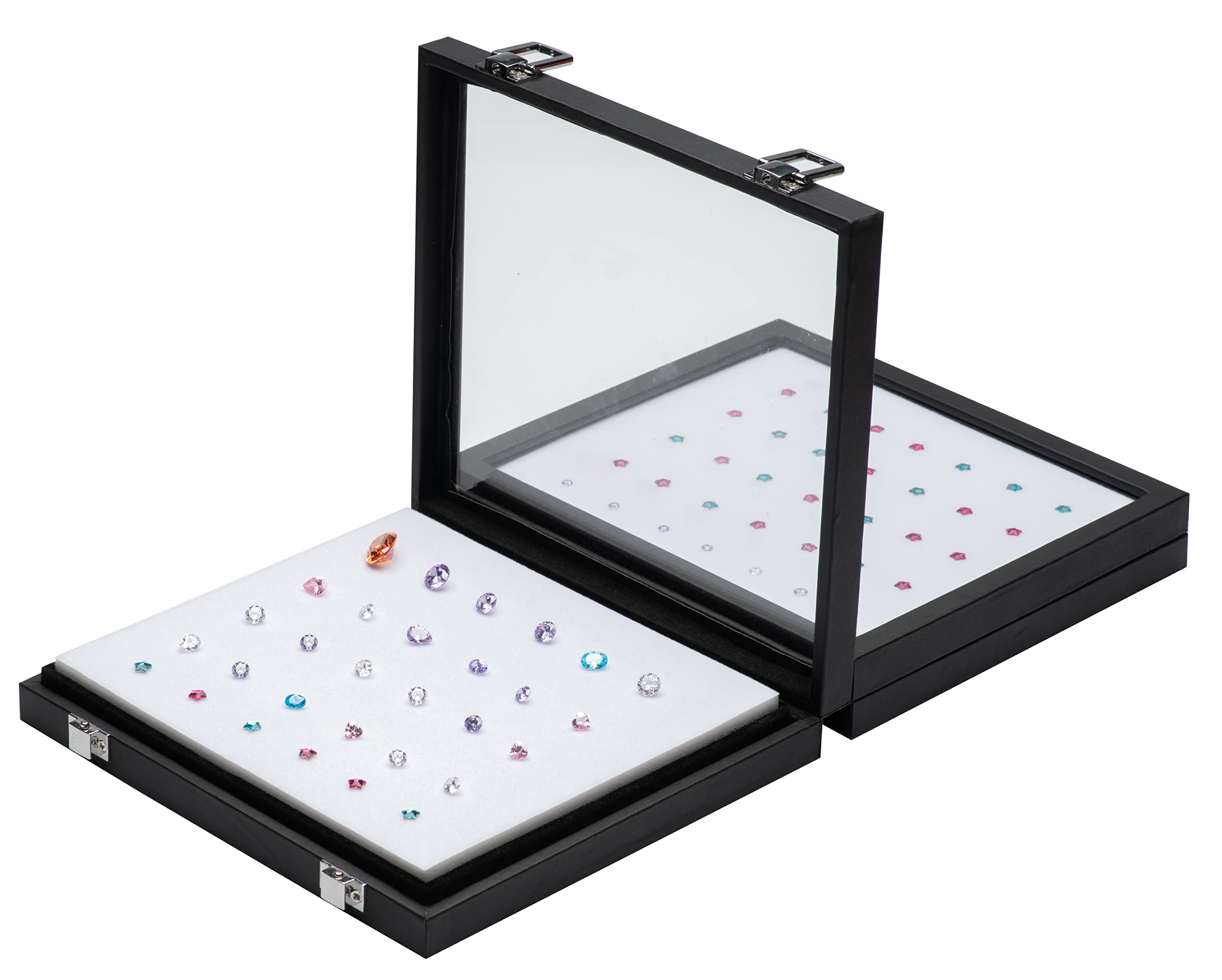 Giftop Jewelry Display Case Tempered Glass Top Lid Black Leatherette,Gemstone Display Case Jewelry Storage Box with Metal Clasp (Large)