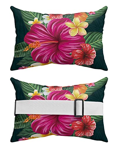Recliner Head Pillow Ledge Loungers Chair Pillows with Insert Flower, Hibiscus Plumeria Rubra Lumbar Pillow with Adjustable Strap Outdoor Waterproof Patio Pillows for Beach Pool Chair, 2 PCS