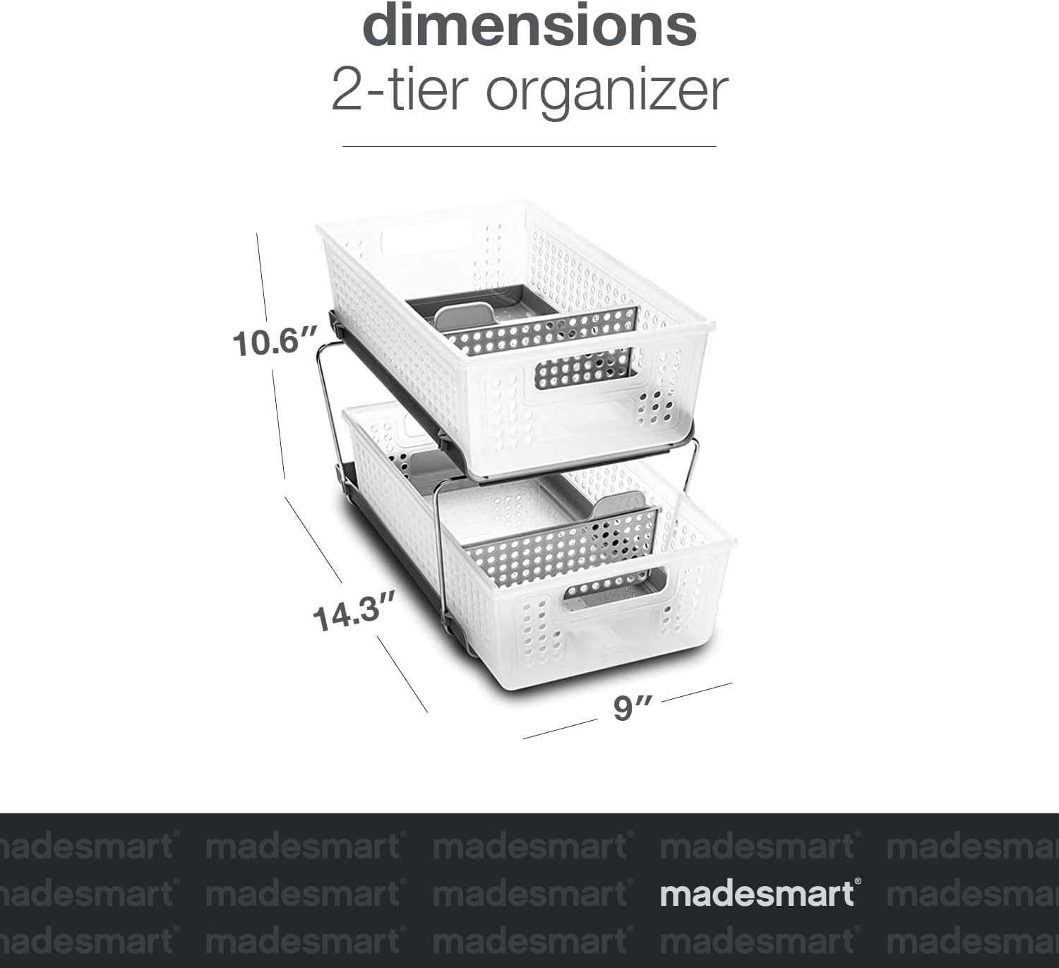 madesmart Stackable 2-Tier Organizer, Multi-Purpose Slide-Out Storage with Extra Set of Legs, Handles and Dividers for Home and Bath, BPA Free, Frost