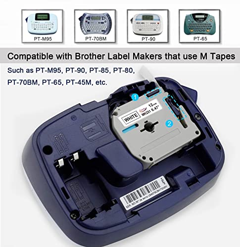 Anycolor Compatible M-K231s Label Tape Replacement for Brother P Touch M Tape M-K231 M231 MK231 12mm 0.47 White, Work with Brother Ptouch PT-M95 PT-90 PT-70 PT-65 PT-85 45 Label Maker Refills, 4-Pack