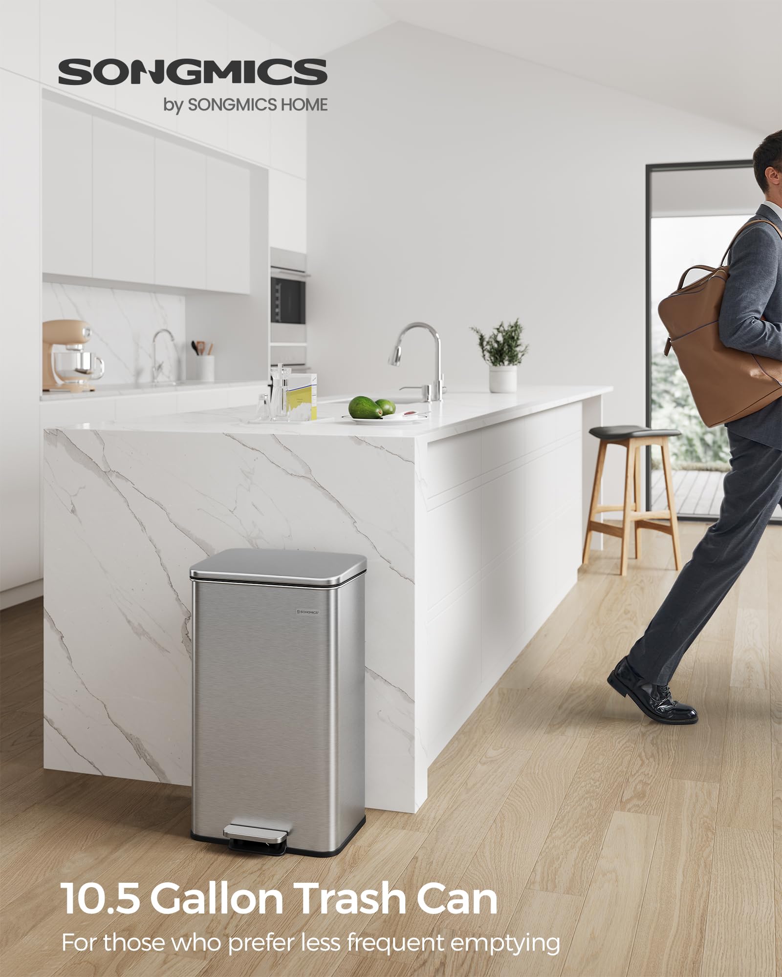 SONGMICS Kitchen Trash Can, 10.5 Gallon (40 L) Garbage Can, Large Step Trash Bin with Lid, Stainless Steel, Soft Close, 15 Trash Bags Included, Silver ULTB540E40