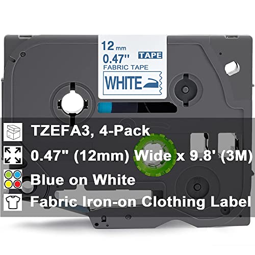 Fimax Compatible Fabric Iron-on Clothing Label Replacement for Brother P Touch Fabric Tape TZe-FA3 TZeFA3 Tape 12mm 0.47'' for PT-D210 PT-D400 PT-H100 PT-D200 PT-D600 Labelmakers (Blue on White,4PK)