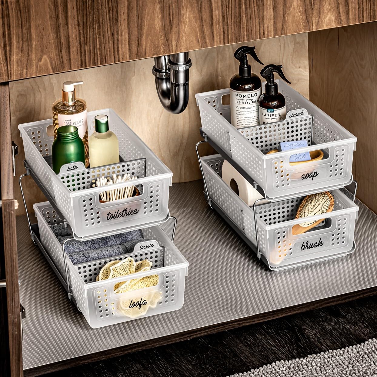 madesmart Stackable 2-Tier Organizer, Multi-Purpose Slide-Out Storage with Extra Set of Legs, Handles and Dividers for Home and Bath, BPA Free, Frost
