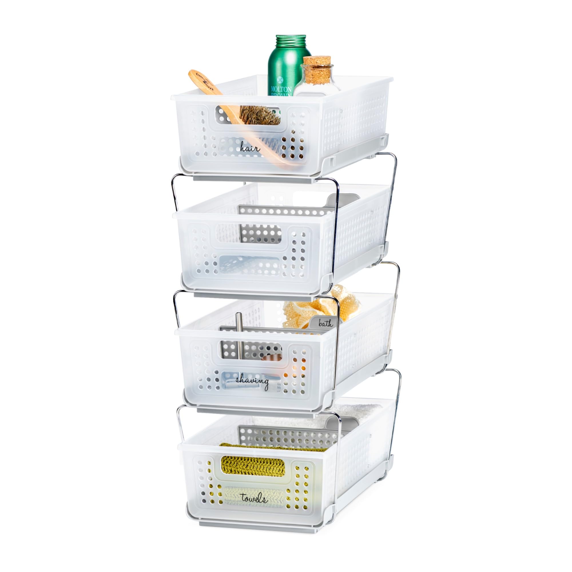 madesmart Stackable 2-Tier Organizer, Multi-Purpose Slide-Out Storage with Extra Set of Legs, Handles and Dividers for Home and Bath, BPA Free, Frost