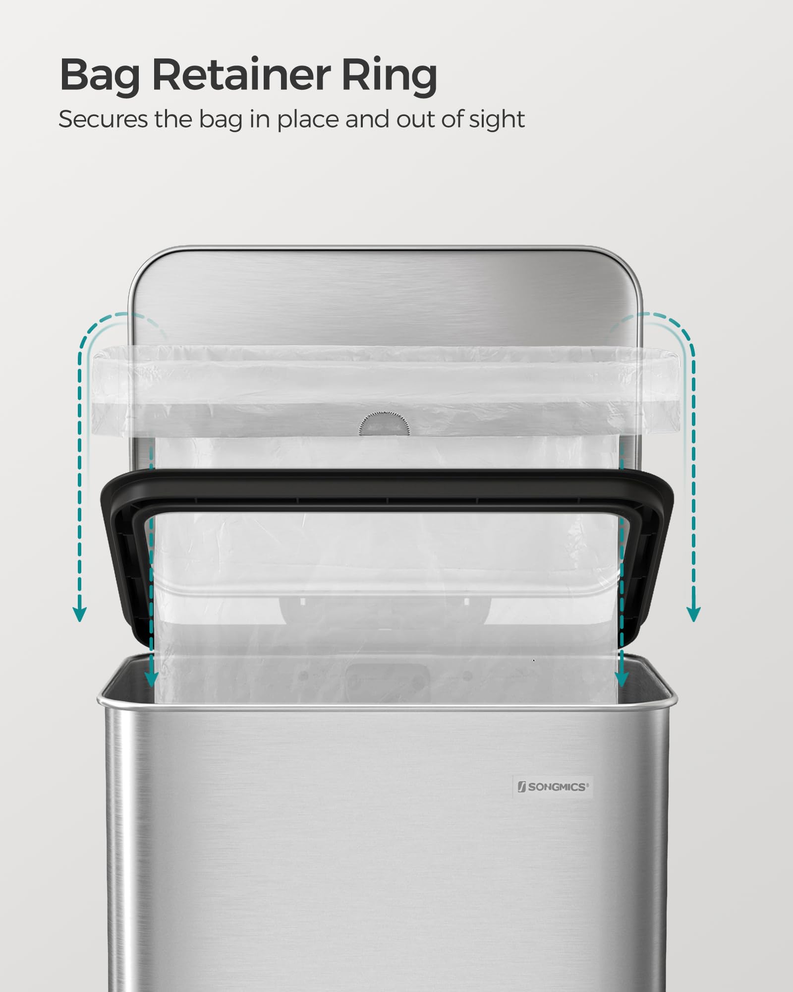 SONGMICS Kitchen Trash Can, 10.5 Gallon (40 L) Garbage Can, Large Step Trash Bin with Lid, Stainless Steel, Soft Close, 15 Trash Bags Included, Silver ULTB540E40